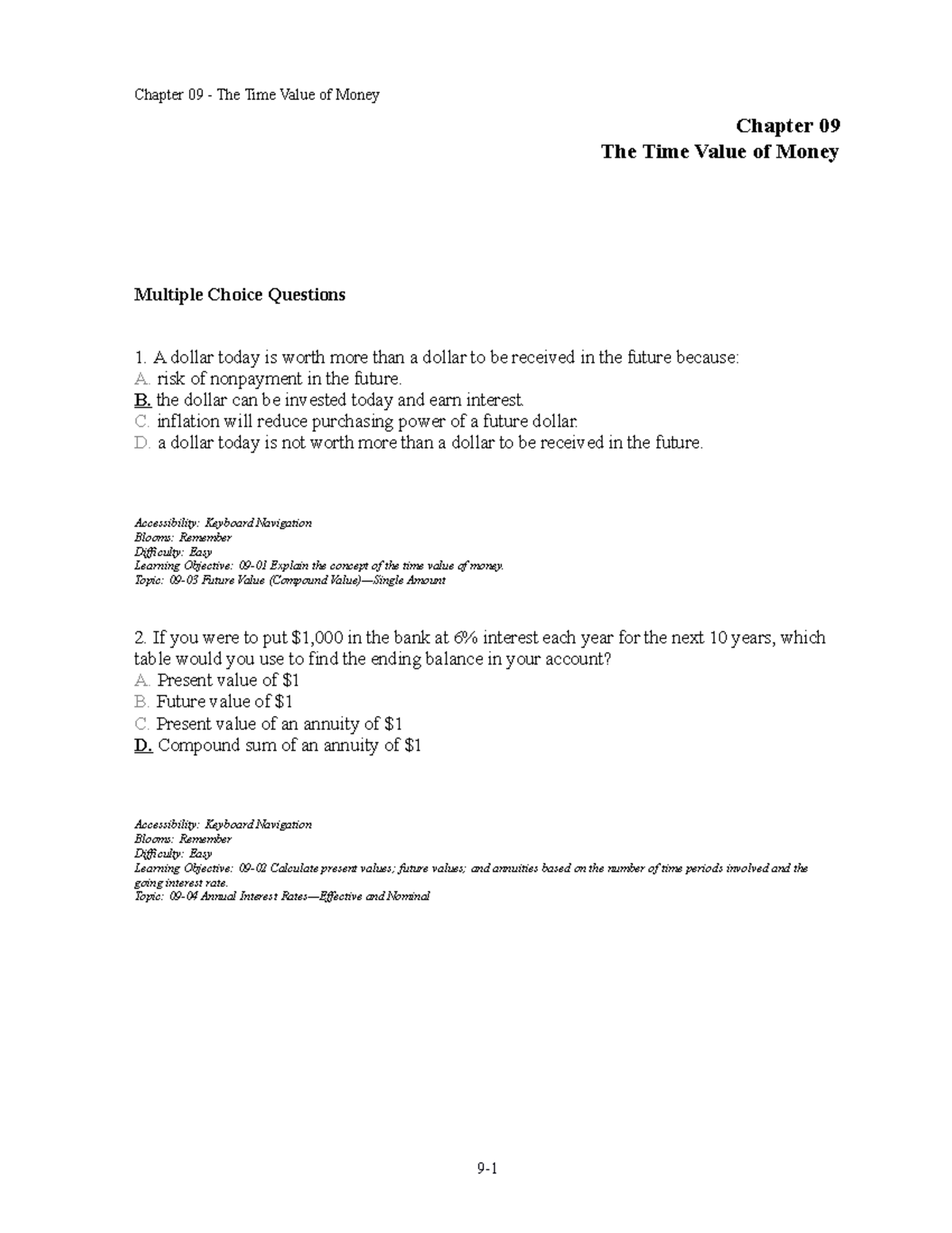 Test Bank FIN 220: Chapter 09 - Time Value of Money Questions - Studocu