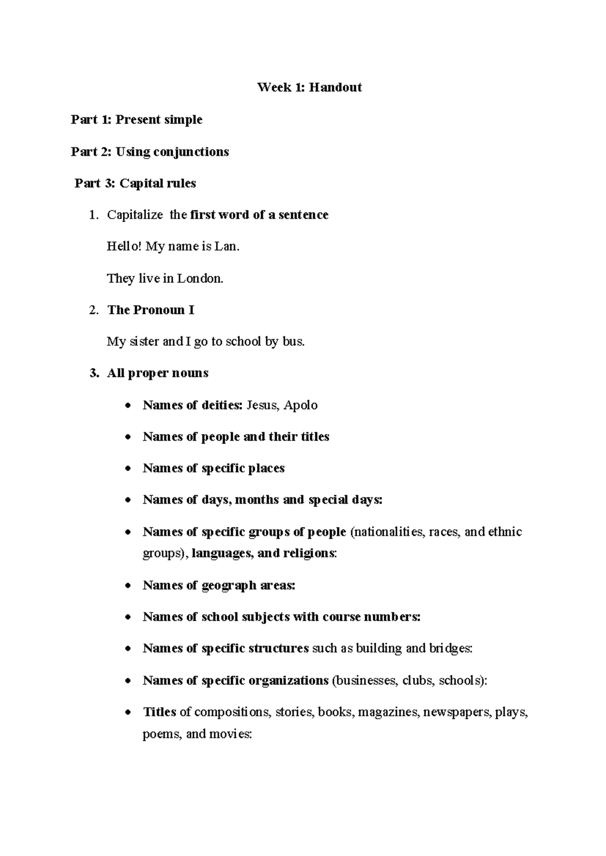 Week 1-handout - Week 1: Handout Part 1: Present simple Part 2: Using ...