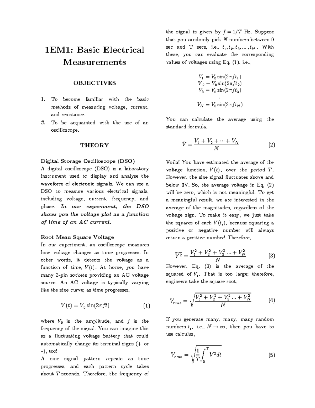 1EM1 Lab Worksheet: Basic Electrical Measurements & Oscilloscope - Studocu