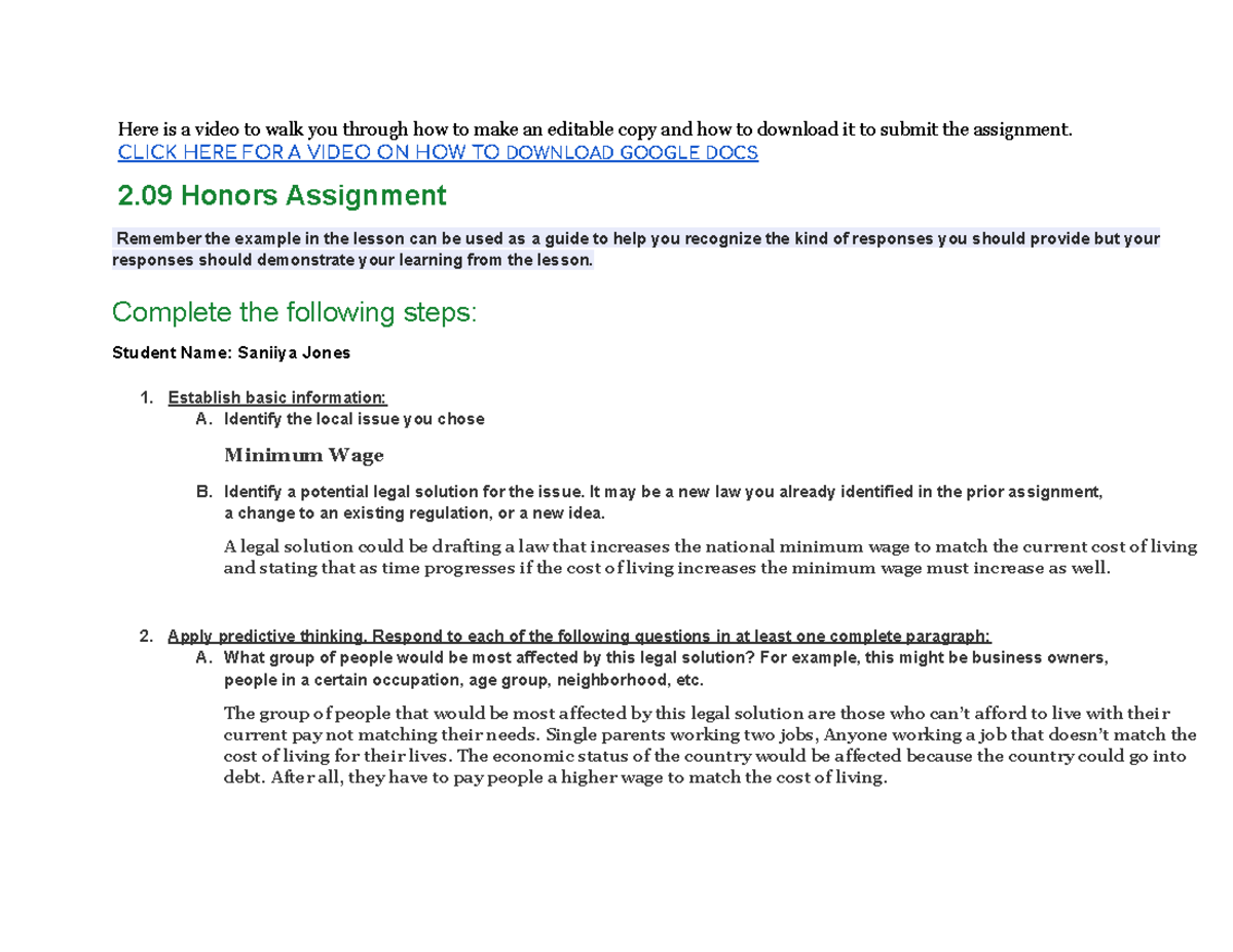 2.09 Honors Assignment: Legal Solutions for Minimum Wage Issues - Studocu