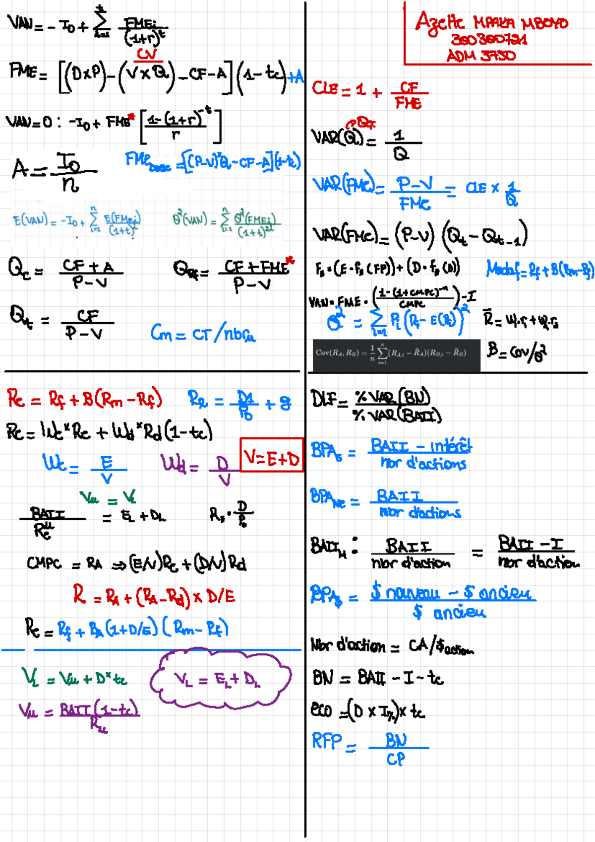 Feuille de Formule pour ADM 3750 - Concepts de VAN et FME - Studocu
