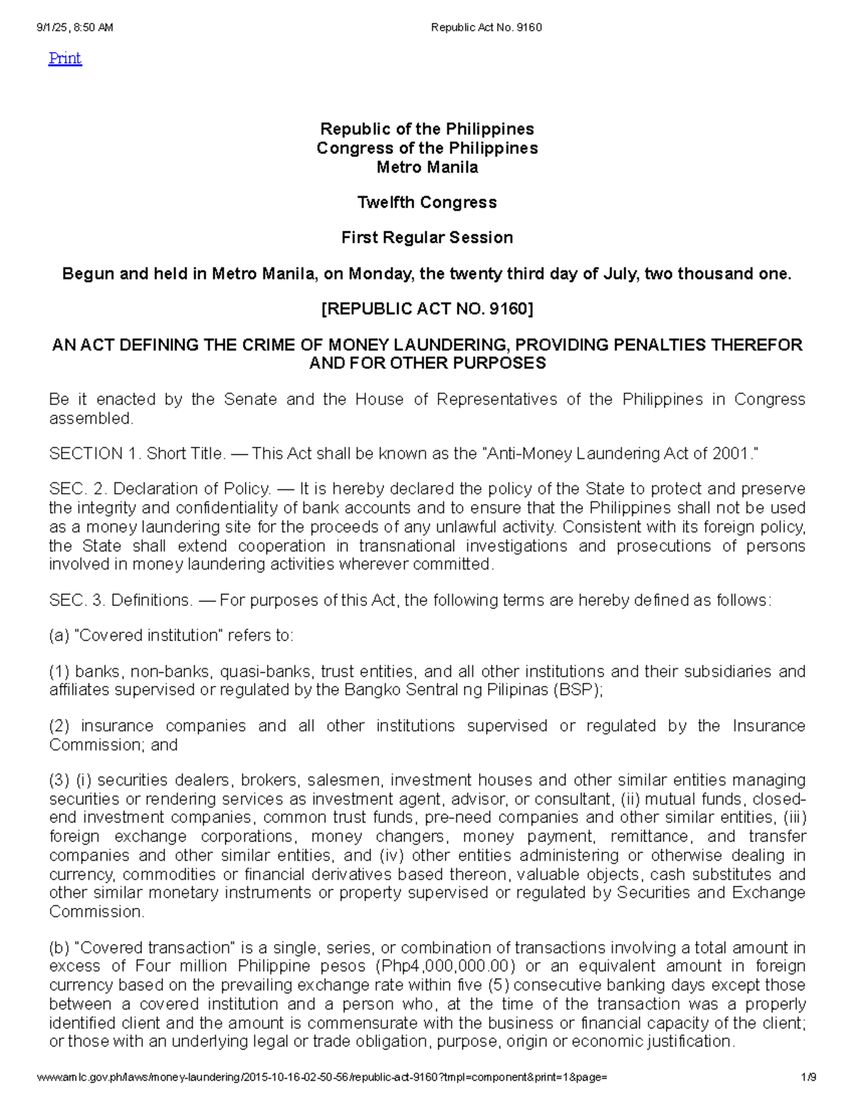Republic Act No. 9160: The Anti-Money Laundering Act of 2001 - Studocu