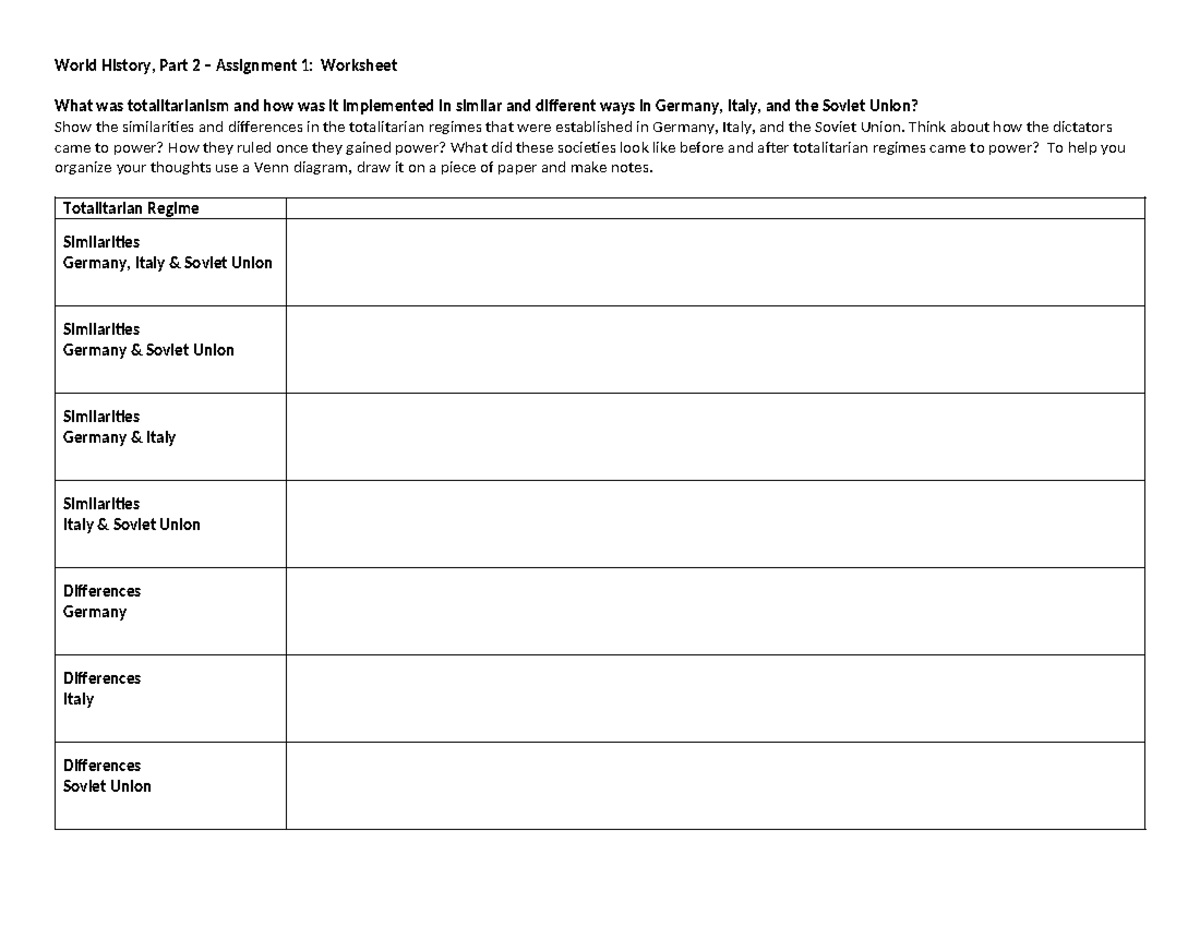 HIST 201: Totalitarianism in Germany, Italy, & Soviet Union - Worksheet ...