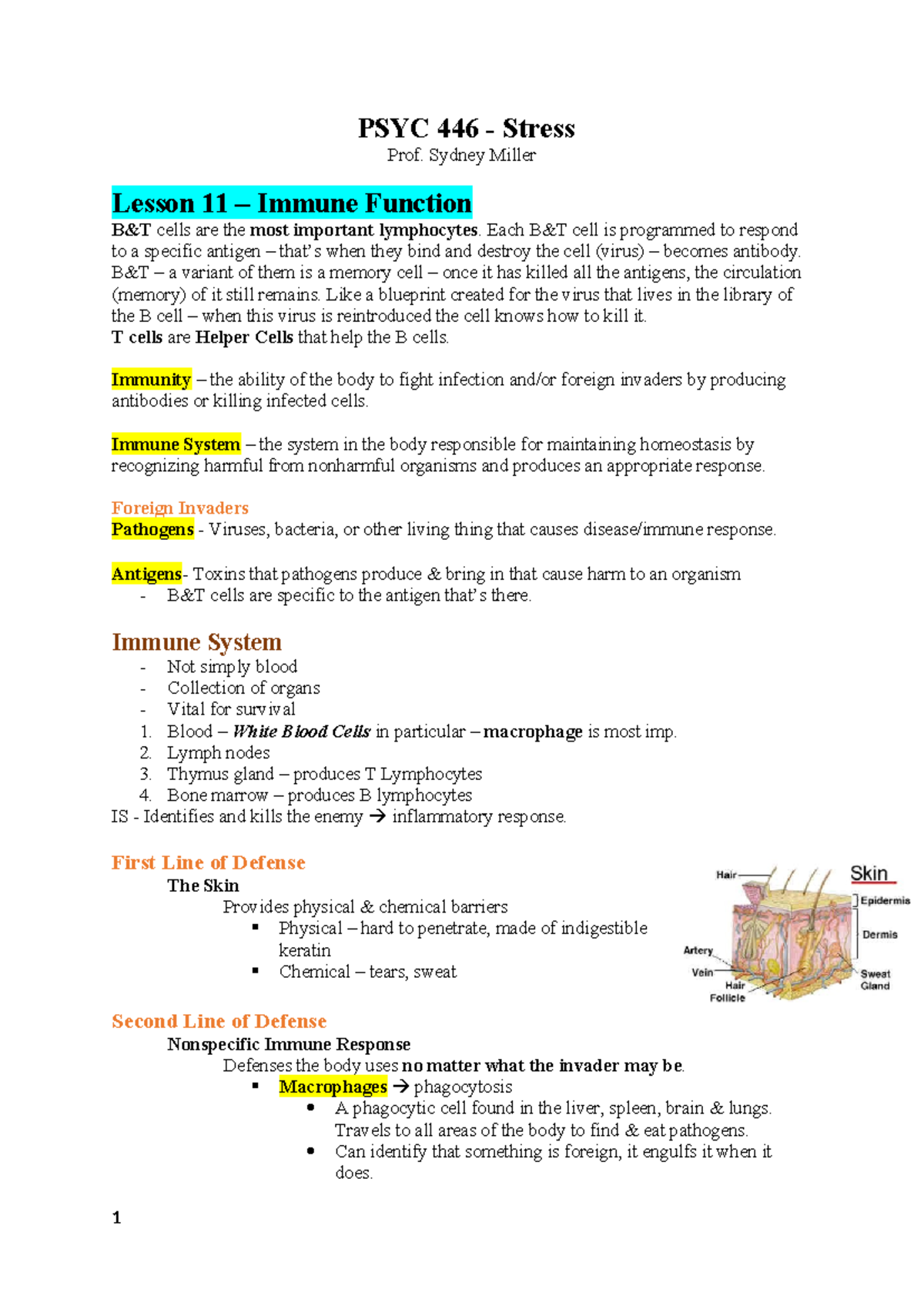 PSYC 446 Final Exam Notes on Immune Function & Stress Interaction - Studocu