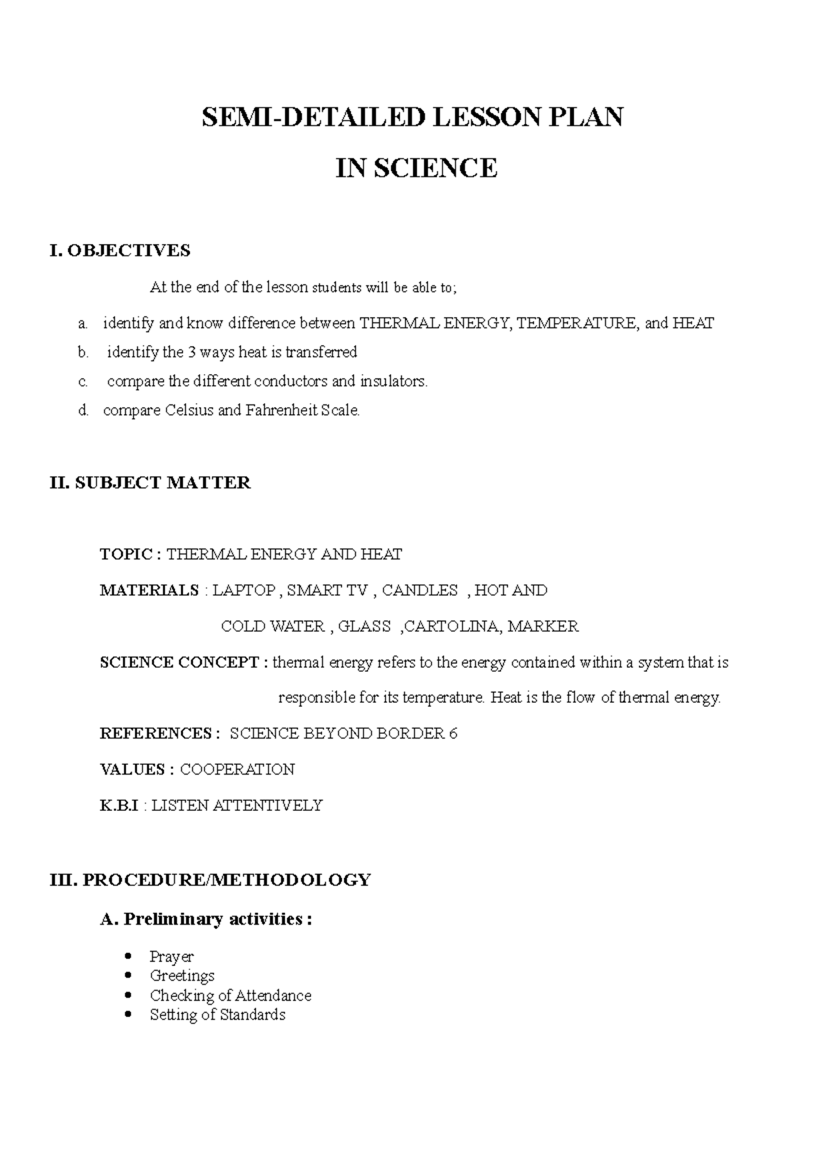 Lesson Plan: Understanding Thermal Energy and Heat in Science - Studocu