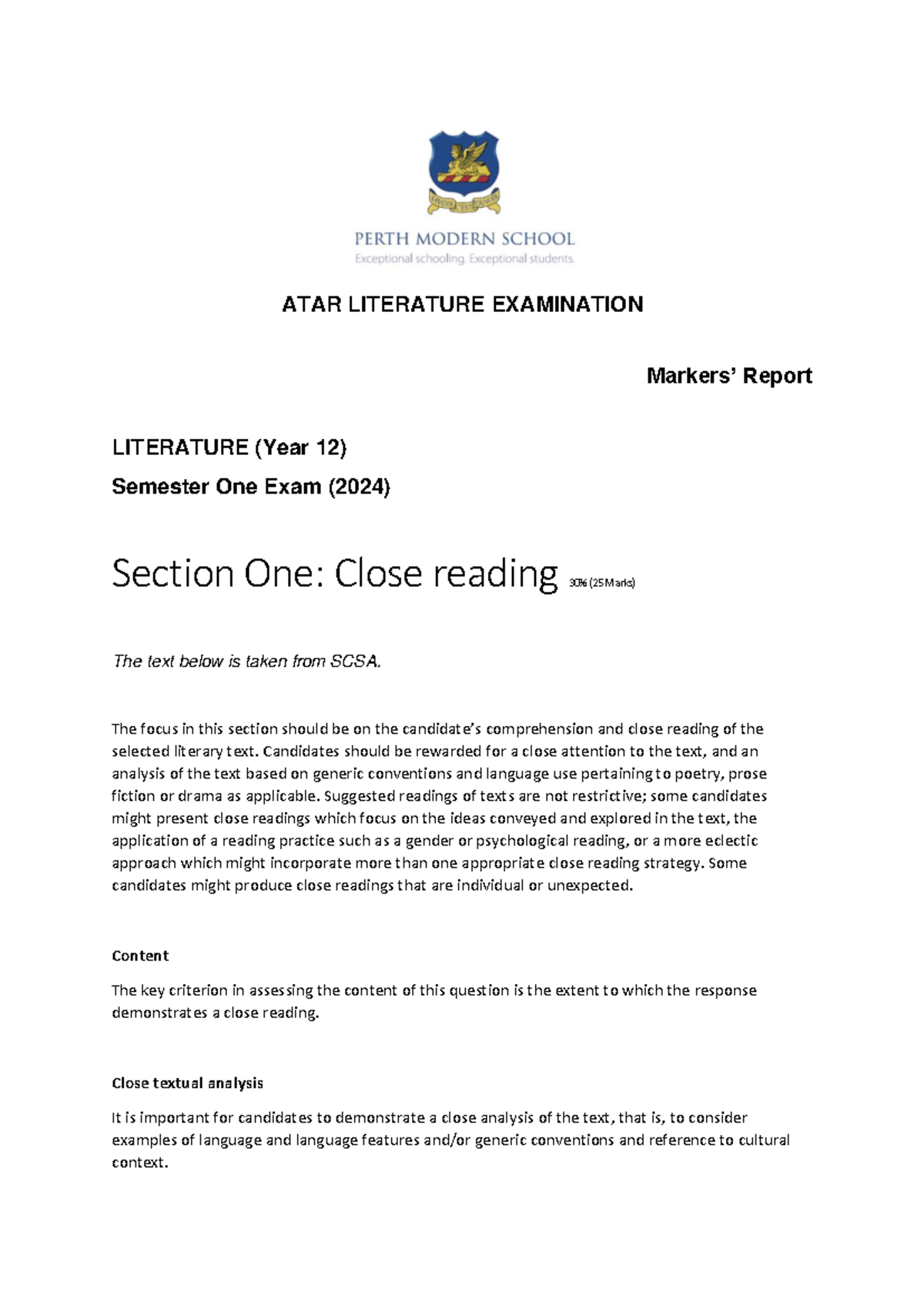 **AT LIT 12 Markers' Report Semester 1 Exam Analysis (2024)** - Studocu
