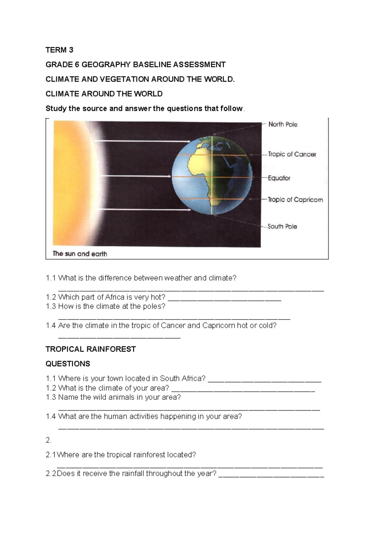 TERM 3 GRADE 6 GEOGRAPHY BASELINE ASSESSMENT: CLIMATE & VEGETATION ...