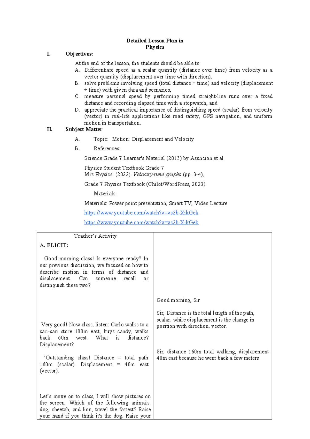 DLP Physics I: Lesson Plan on Motion, Speed, and Velocity - Studocu