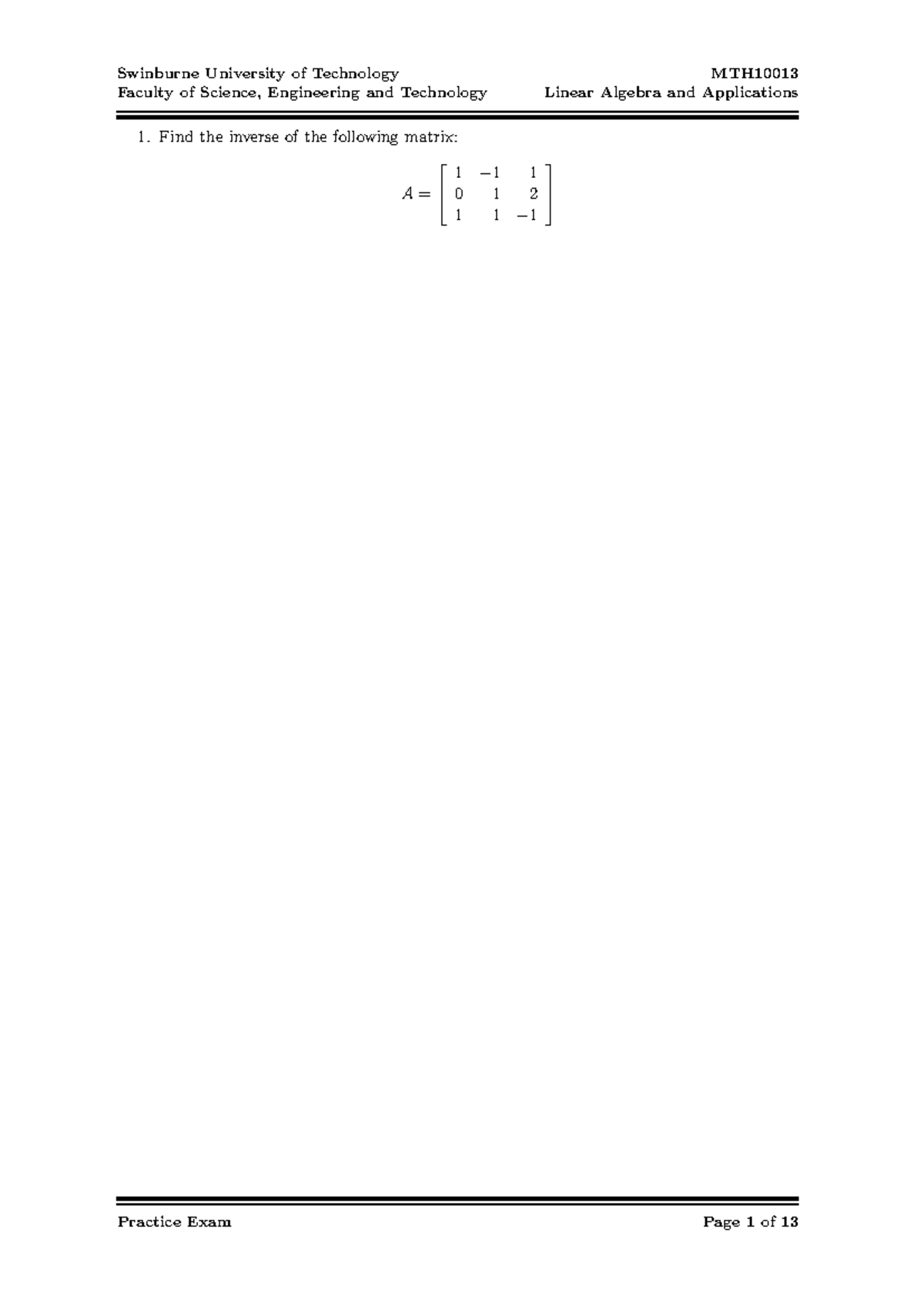 MTH10013 Linear Algebra and Applications Practice Exam 2 - Studocu