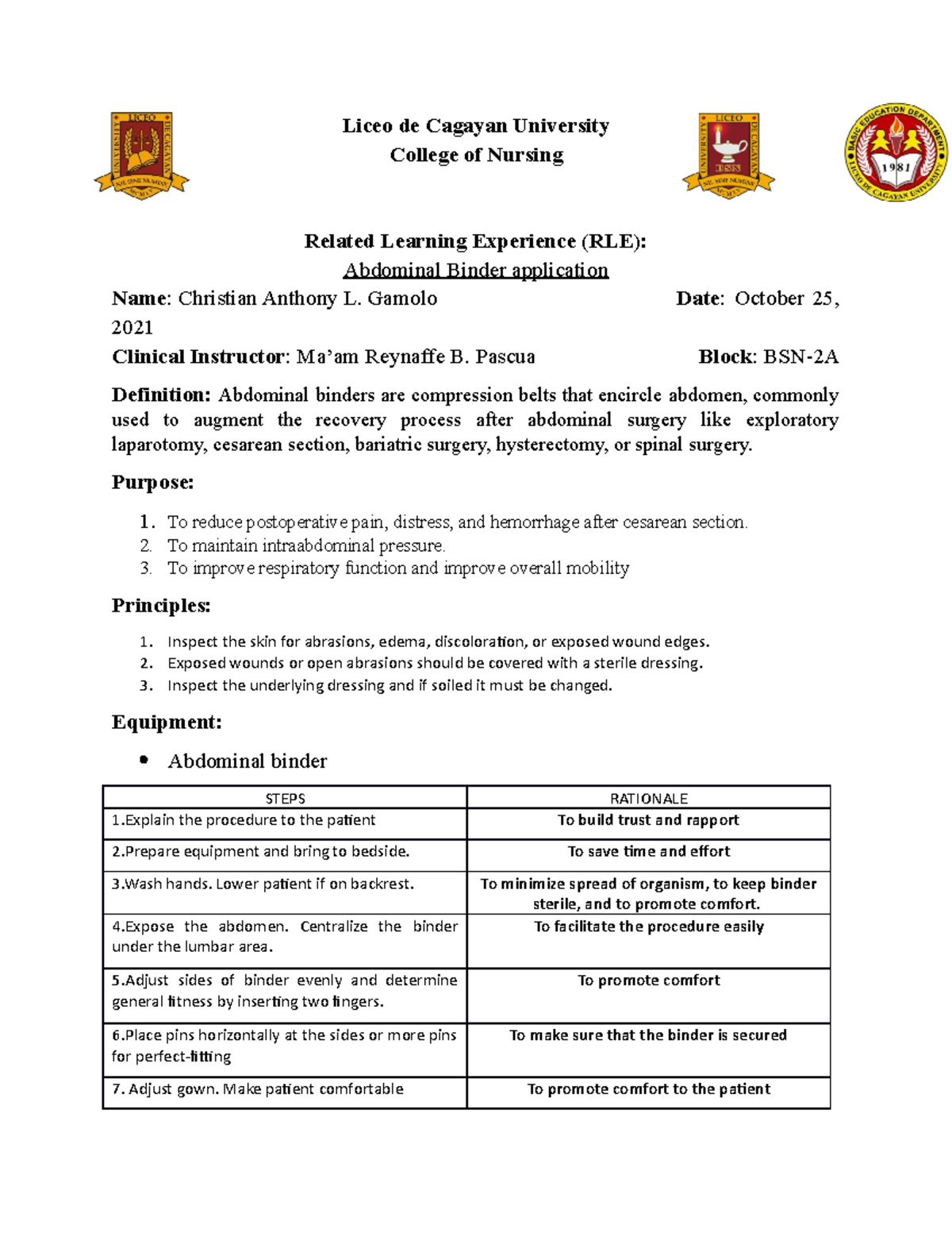 Application of Abdominal Binder in Nursing (BSN-2A) - Studocu