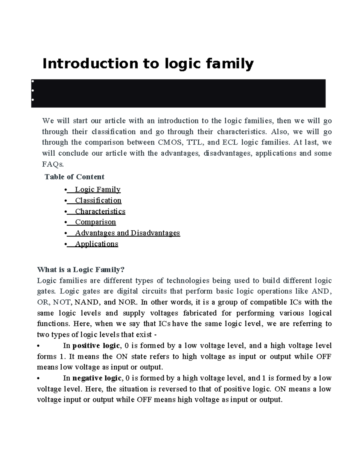 Logic Family Overview - Characteristics, Comparisons & Applications ...