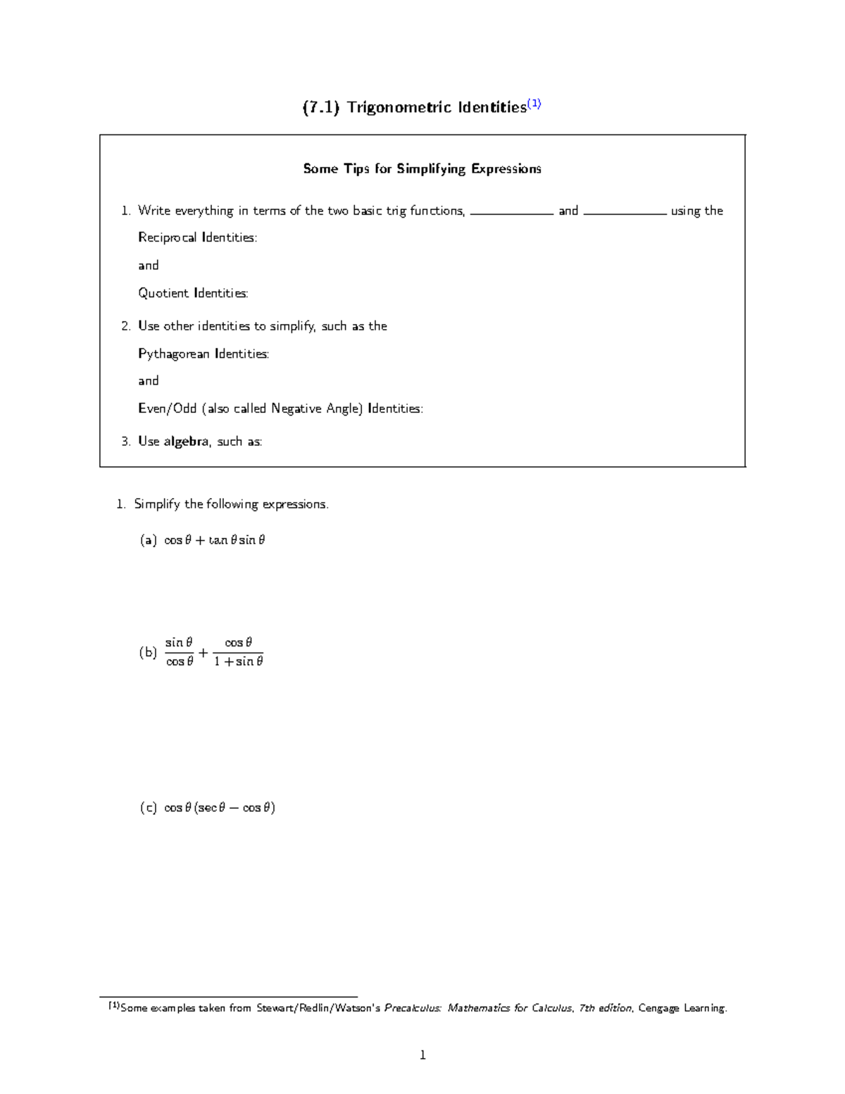 7 1 Trig IDs - notes - (7) Trigonometric Identities(1) Some Tips for ...