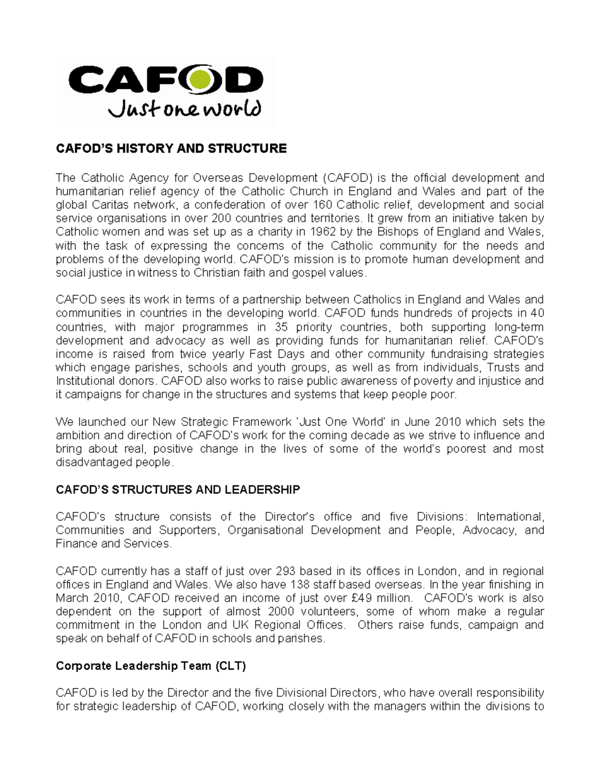 CAFOD 101: Overview of History, Structure, and Leadership - Studocu