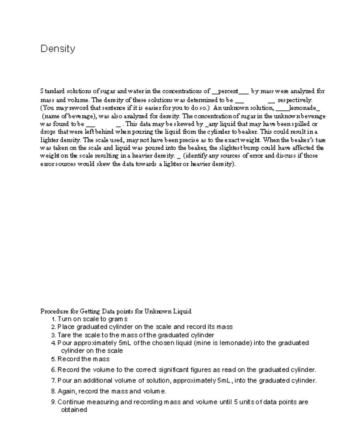 Lab Summary - Density - Using a Standard Curve - Density - Using a Standard Curve - Lab Report ...