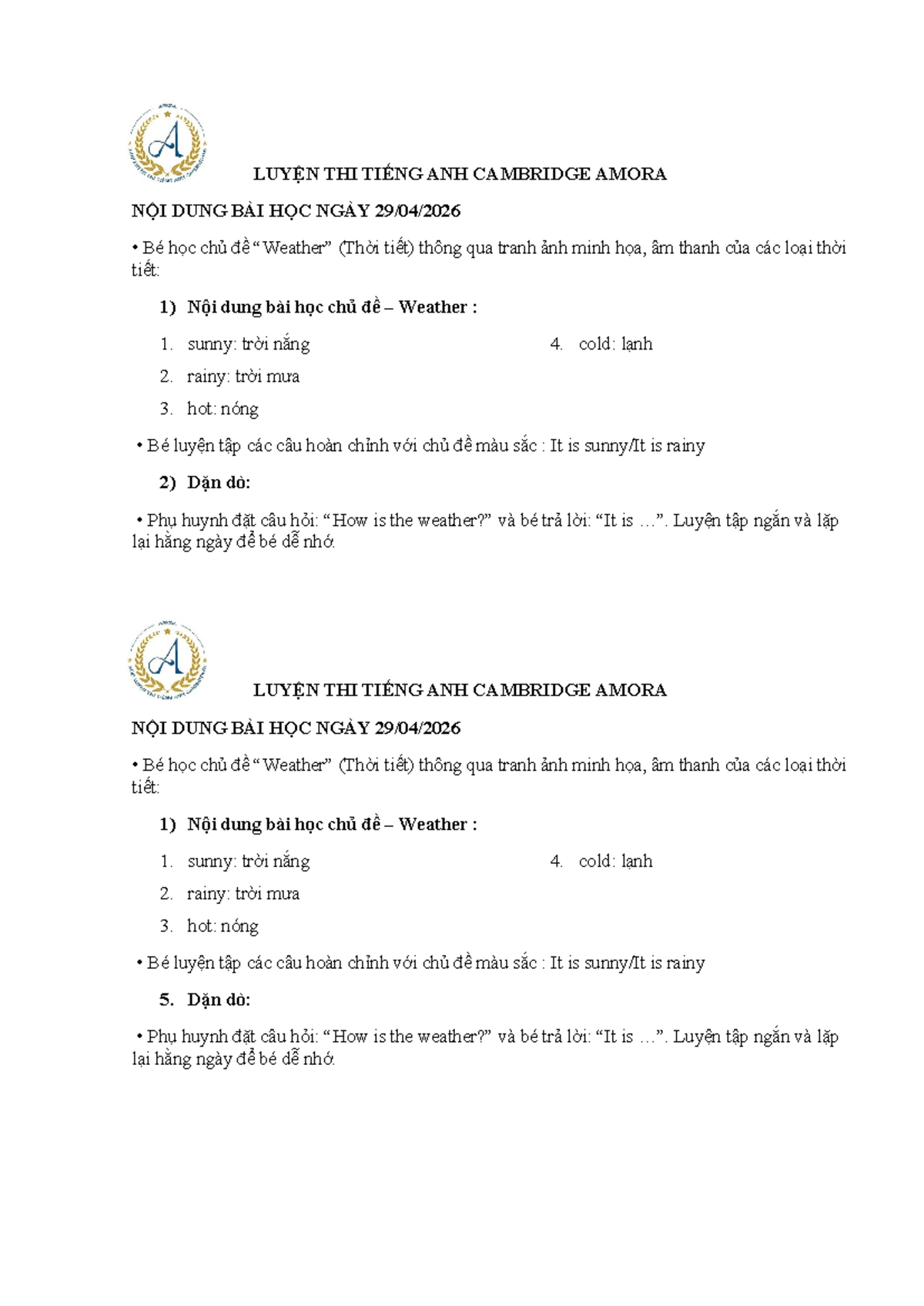 LUYỆN THI TIẾNG ANH CAMBRIDGE AMORA: BÀI HỌC THỜI TIẾT KIDS 2 - Studocu