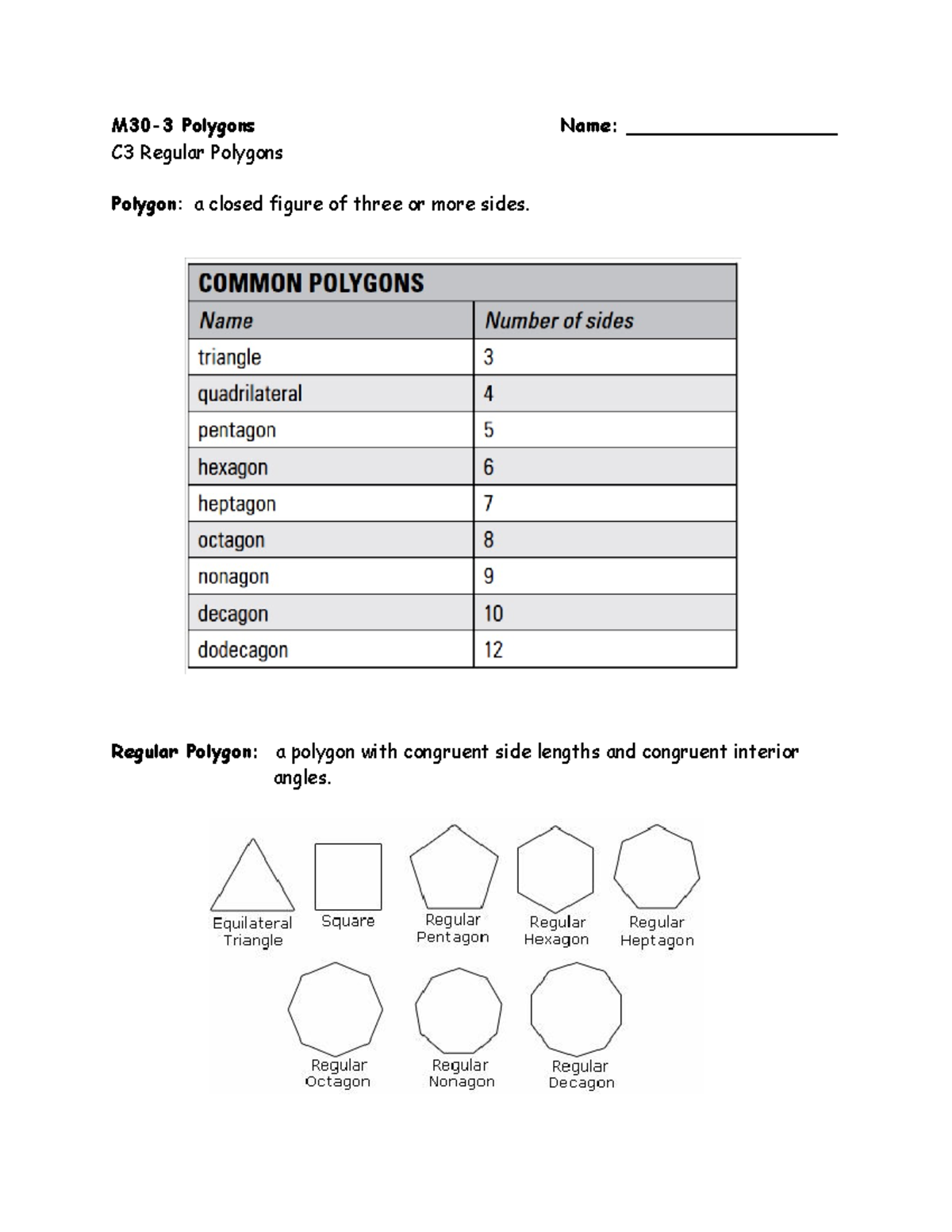 Regular Polygons Introduction Lesson - M30-3 Polygons Name ...