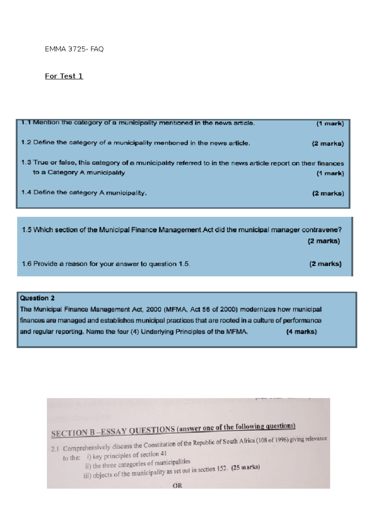 EMMA3725 Test 1 Question Compilation on Municipal Finance & Law - Studocu
