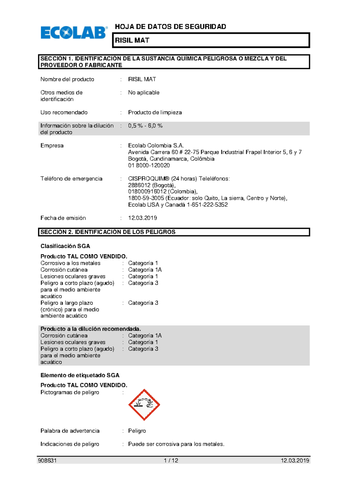 Risil Mat (908631) - Ficha de Datos de Seguridad (SDS) - Studocu