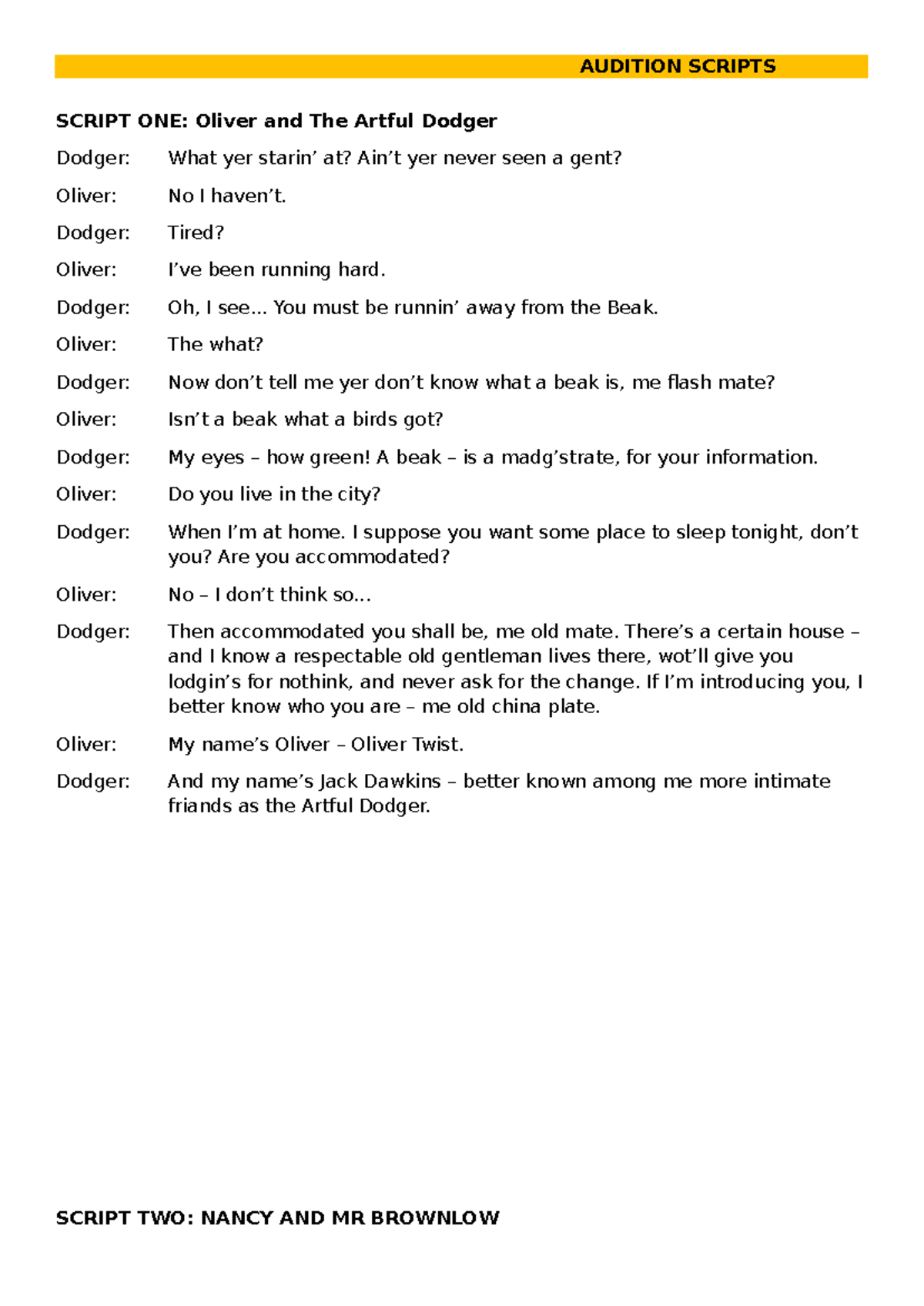 AUDITION SCRIPTS: Oliver Twist Scenes (Script One & Two) - Studocu