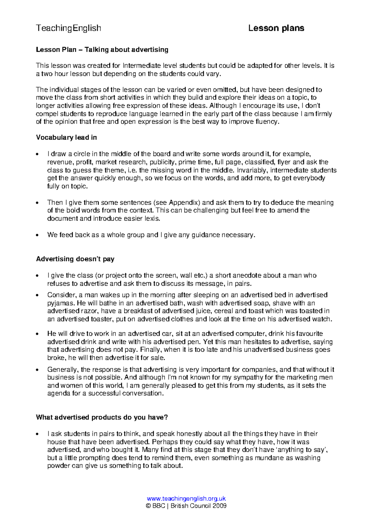 Advertising Lesson Plan for Intermediate Students (Course Code: ENG101 ...