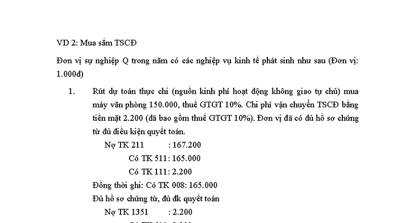 VD 2: Mua sắm TSCĐ Đơn vị sự nghiệp Q - Ví dụ KTC1 - Studocu