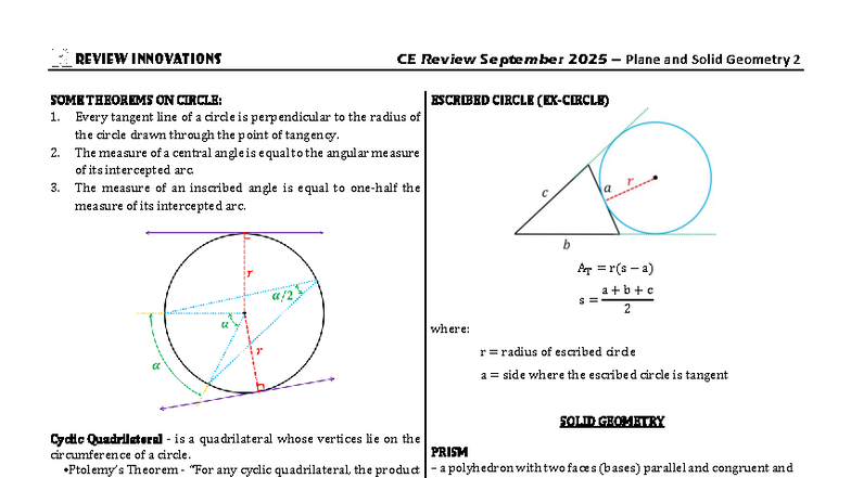 CE Review: Plane & Solid Geometry 2 Theorems on Circles and Prisms - Studocu