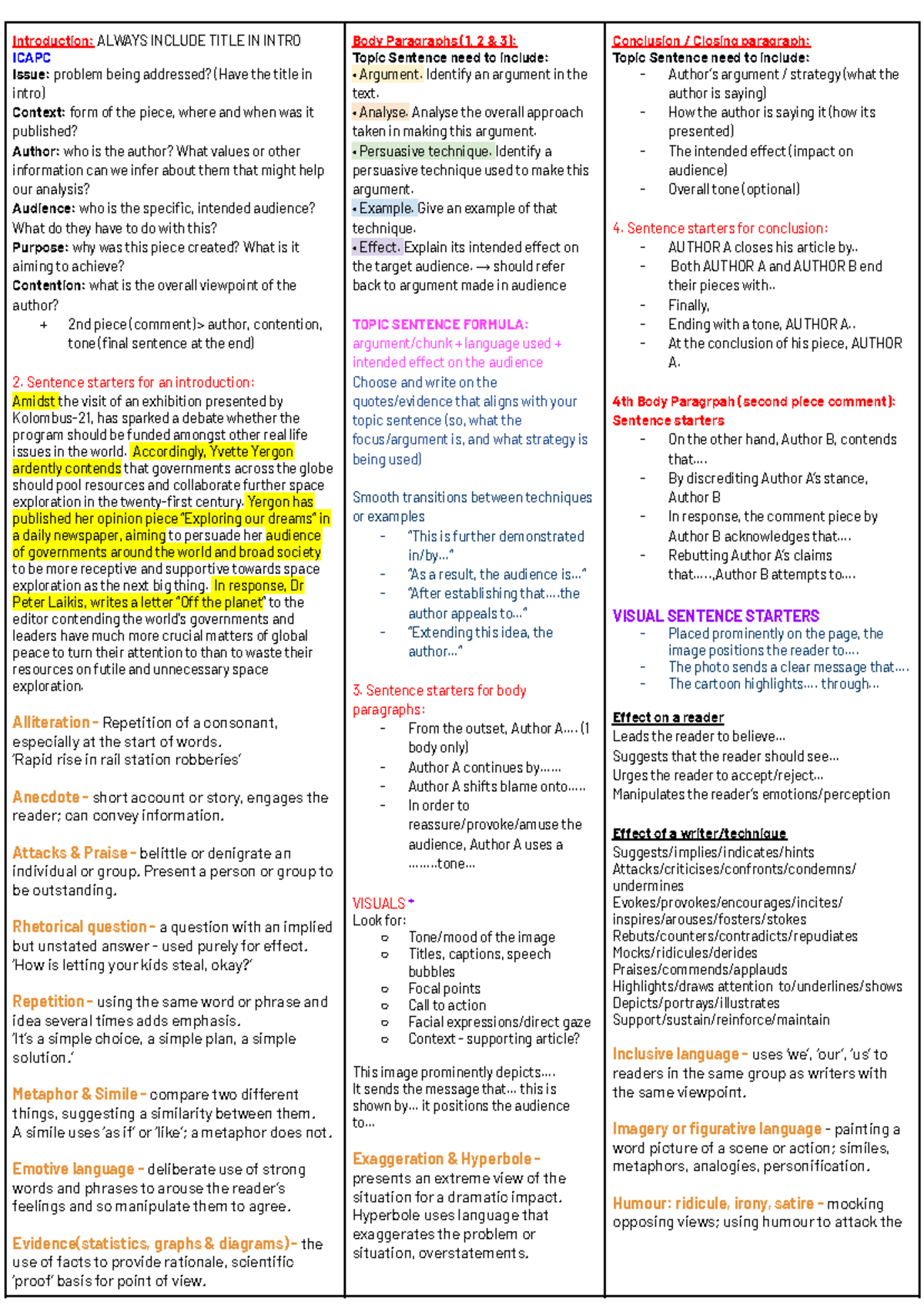 ICAPC LA Cheat Sheet: Analyzing Author's Arguments and Techniques - Studocu