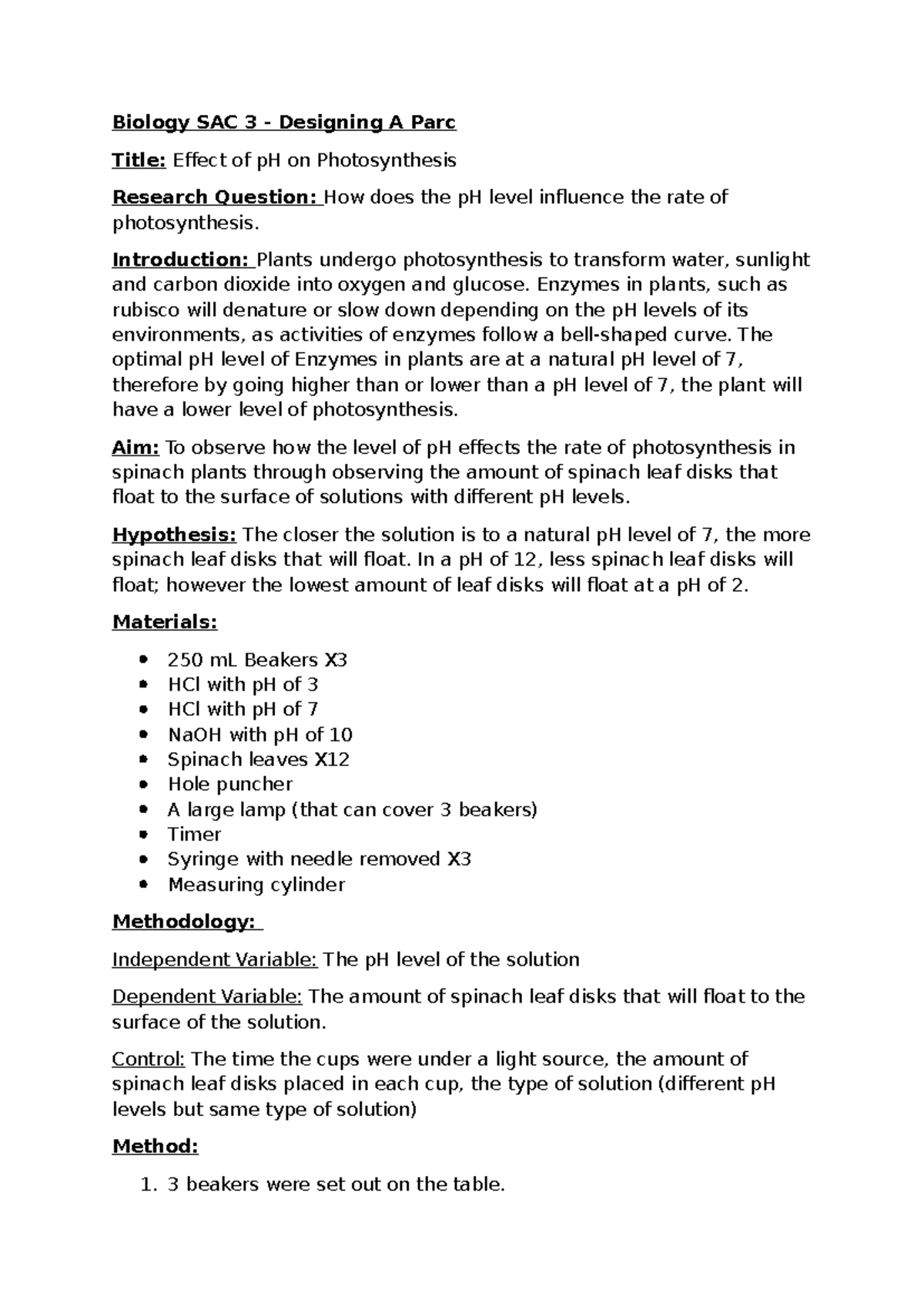 Biology SAC 3 - Effect of pH on Photosynthesis in Spinach - Studocu