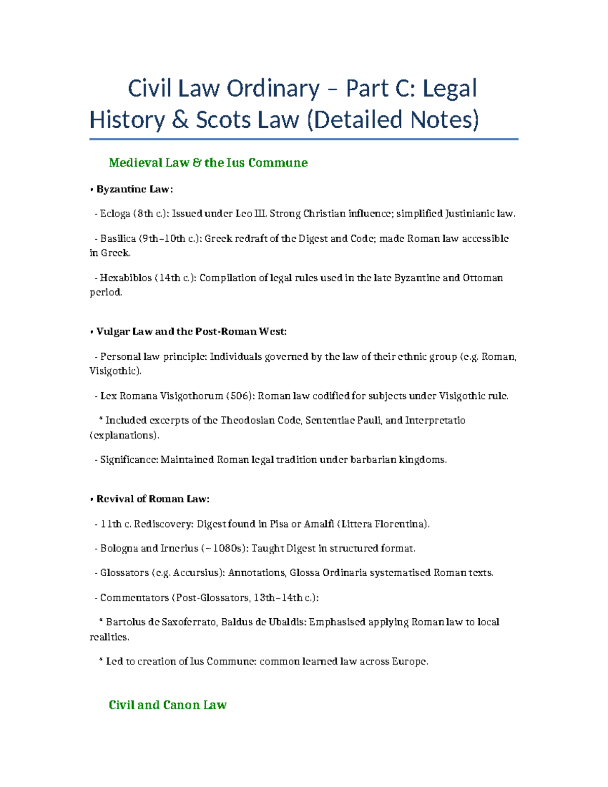 Civil Law Ordinary Part C: Detailed Notes on Scots Law & Legal History ...