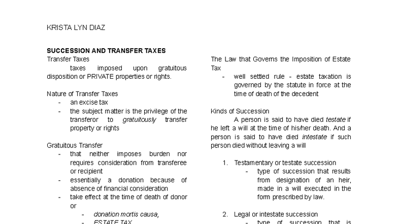 TAX Reviewer: KRISTA LYN DIAZ on Succession & Transfer Taxes - Studocu
