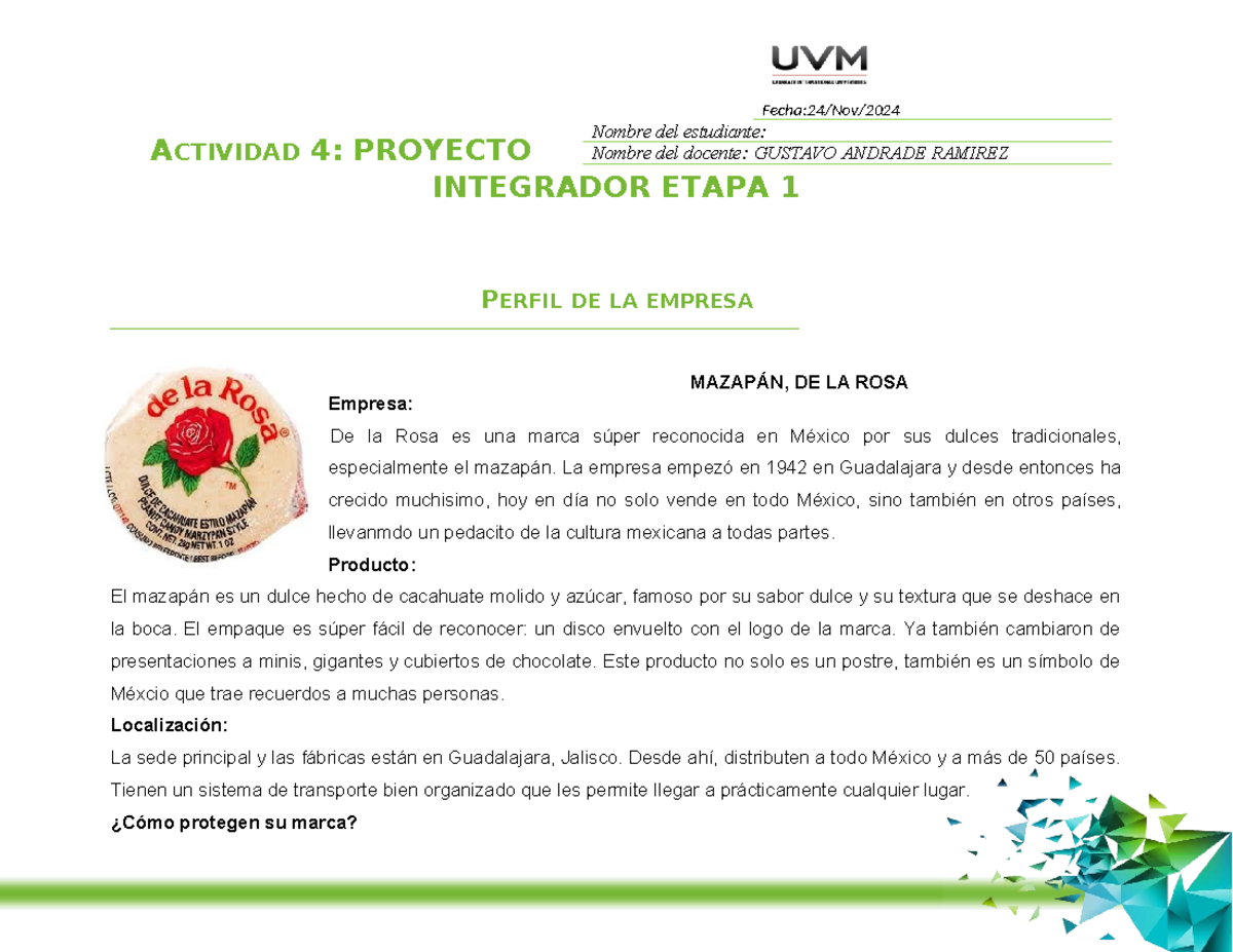 PIE1 FORM - PROYECTO INTEGRADOR - ACTIVIDAD 4: PROYECTO INTEGRADOR ETAPA 1 PERFIL DE LA EMPRESA ...