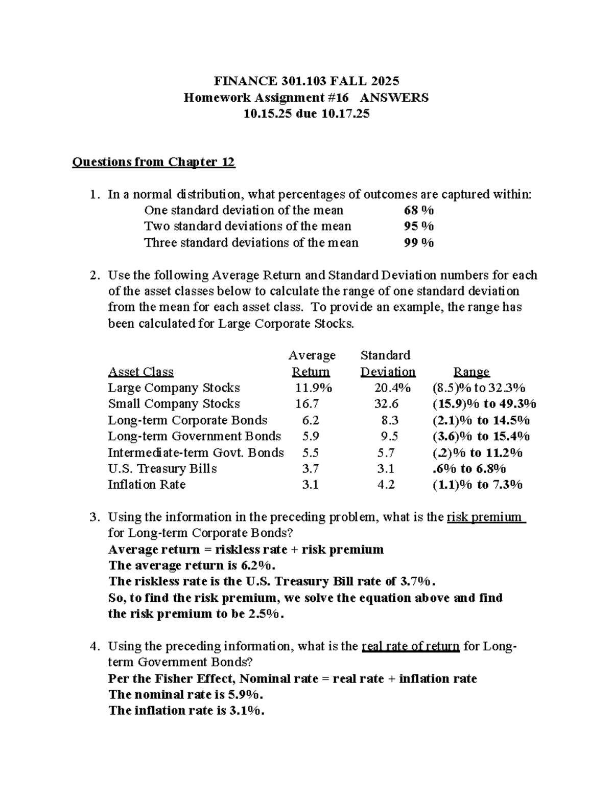 FINANCE 301.103 FALL 2025 Homework Assignment #16 Answers - Studocu