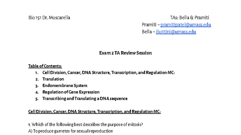 Bio 151 Dr. Exam 2 TA Review Session Notes: Cell Division & Gene ...