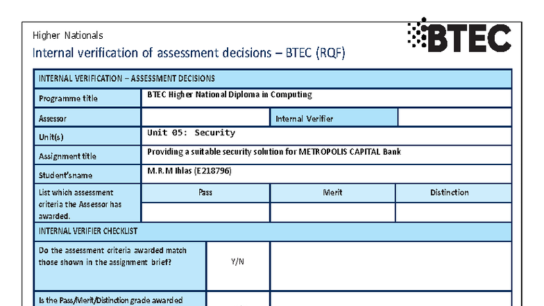 Security Assignment - BTEC HND Computing Unit 05: Metropolis Capital Bank - Studocu