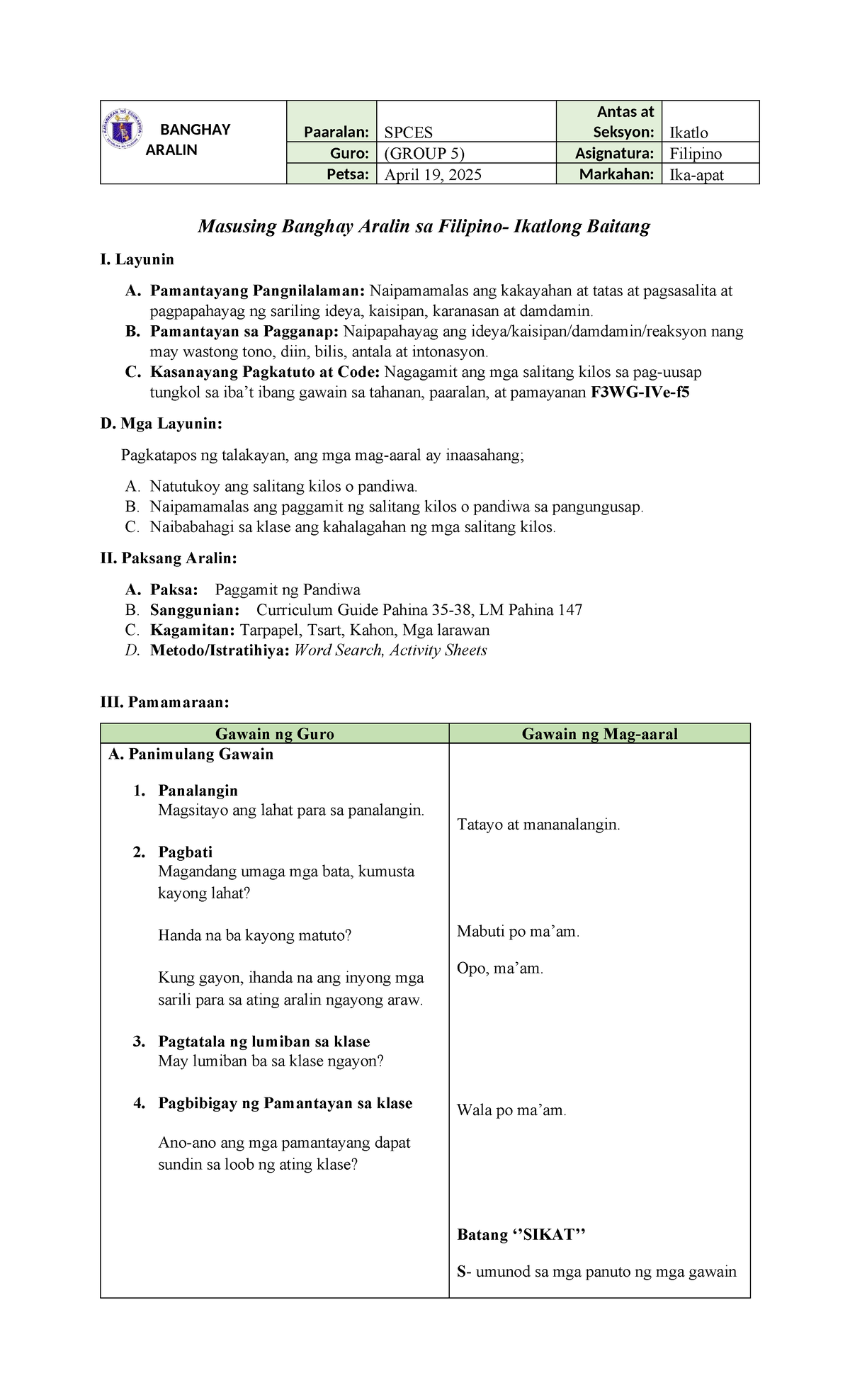 DLP - Group 5: Masusing Banghay Aralin sa Pandiwa - Studocu