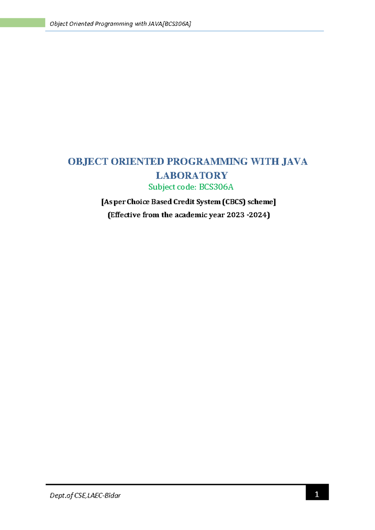 Java Manual for BCS306A: Object Oriented Programming Laboratory - Studocu