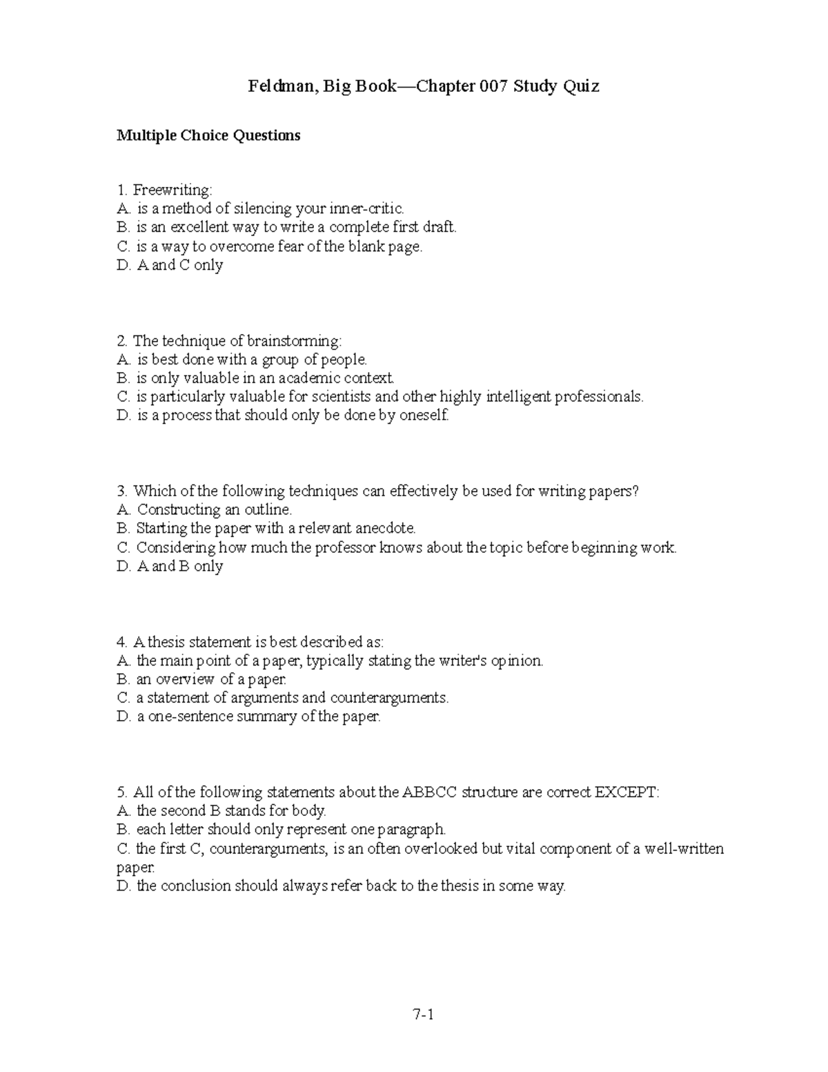 Quiz-3 - ANSWER KEY - Feldman, Big Book—Chapter 007 Study Quiz Multiple ...