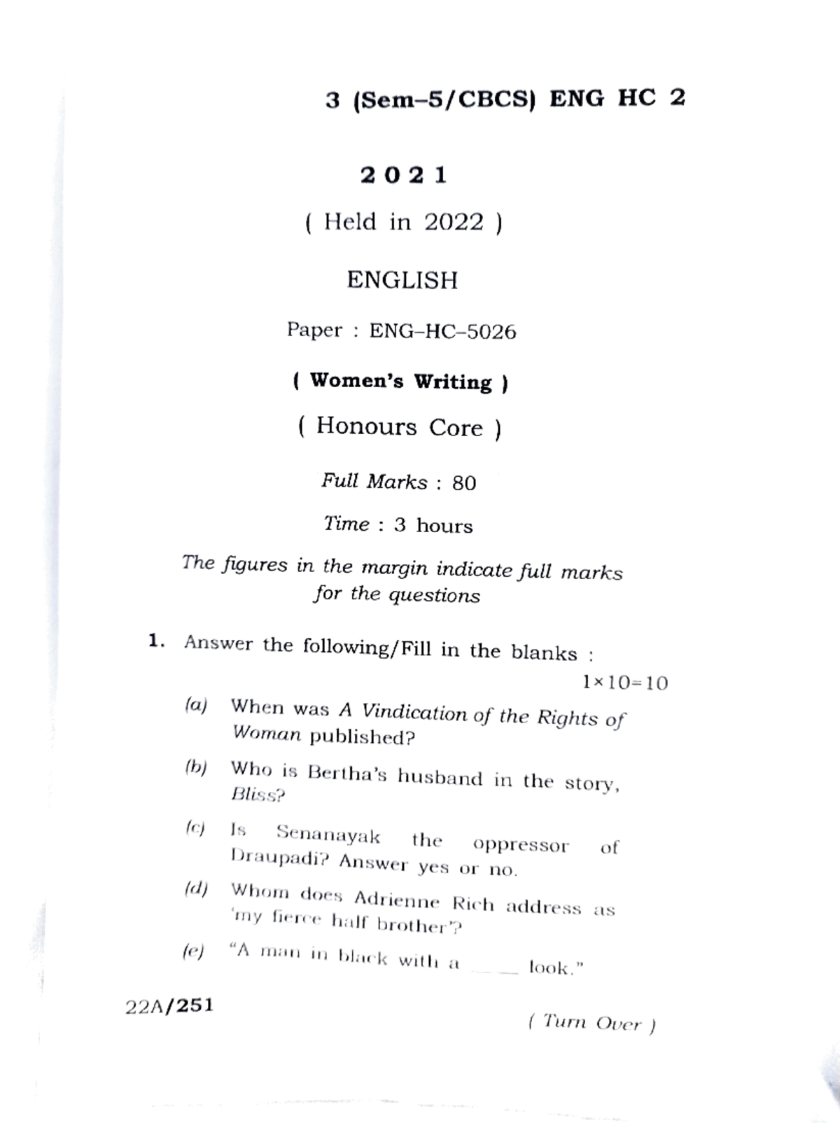 ENG HC 5026 PYQ 2021 - 5th Sem Exam Paper on Women's Writing - Studocu