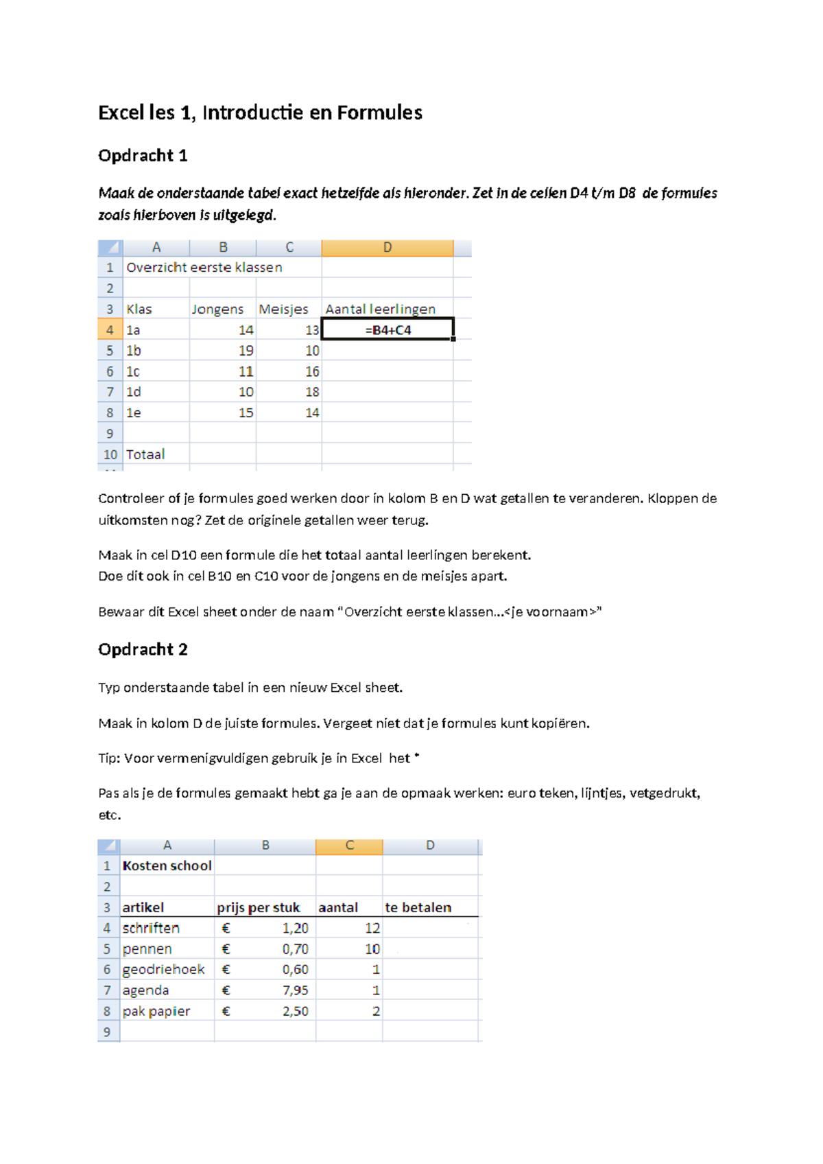 Excel Les 1: Introductie en Formules met Opdrachten - Studeersnel