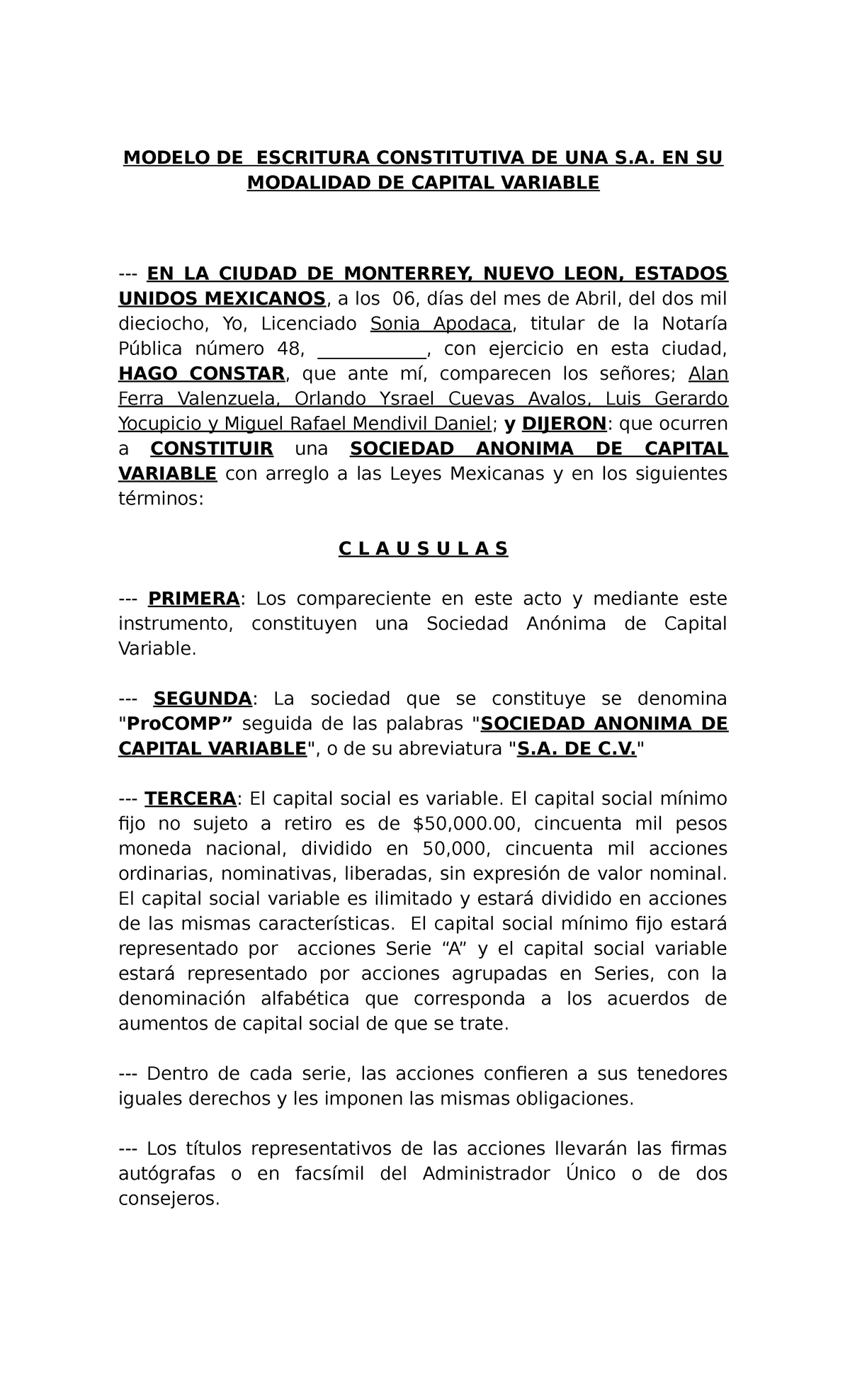 ACT24 Ejemplo DE Acta Constitutiva SA - MODELO DE ESCRITURA CONSTITUTIVA DE UNA S. EN SU ...