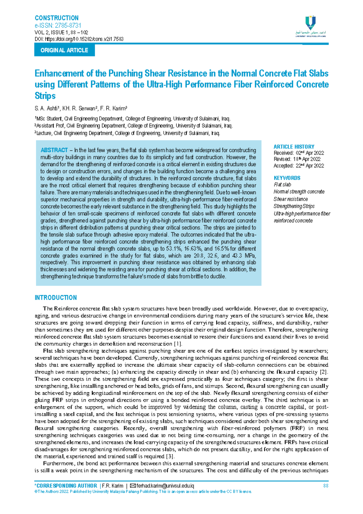 Enhancement of Punching Shear Resistance in NSC Flat Slabs Using UHPFRC ...