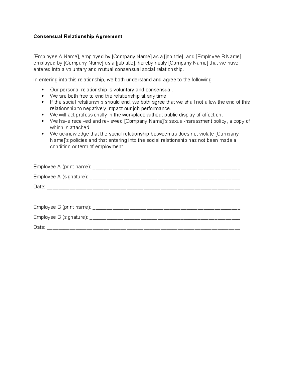 Consensual Relationship Agreement for Employees A & B - Studocu