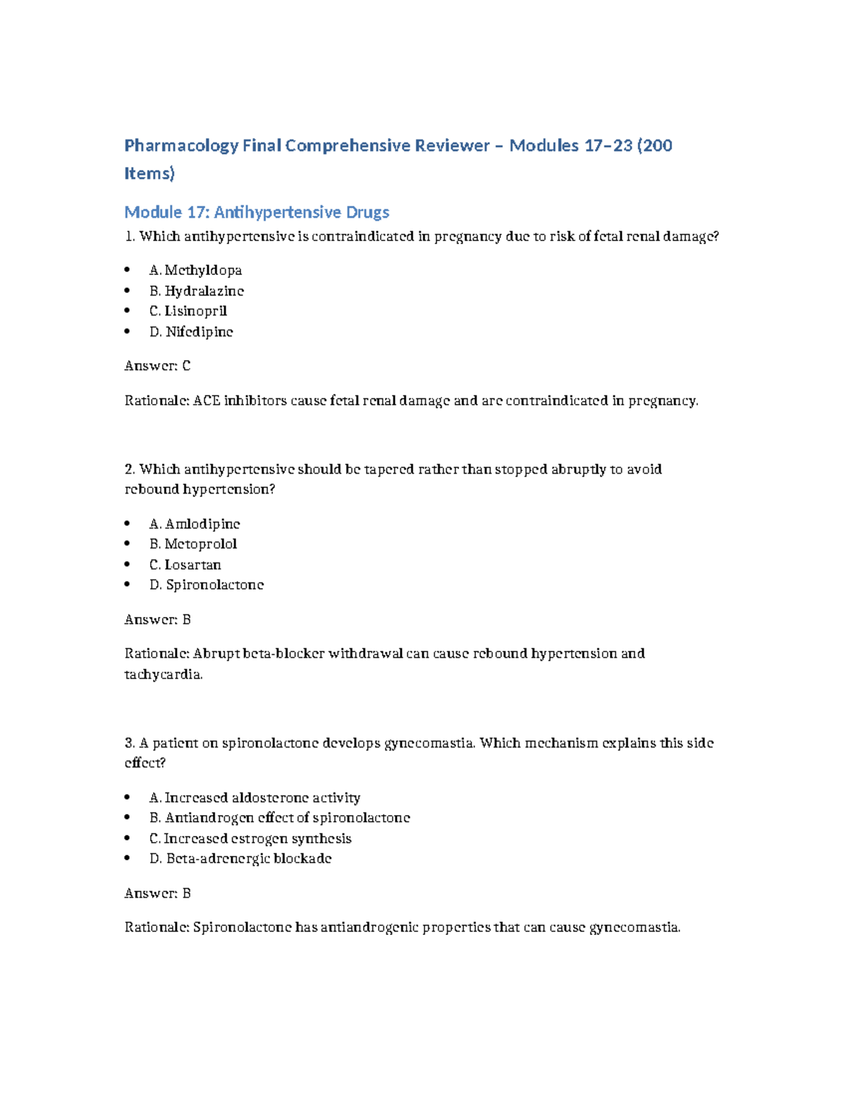 Pharmacology Final Exam Reviewer Modules 17-23 (200 Items) - Studocu