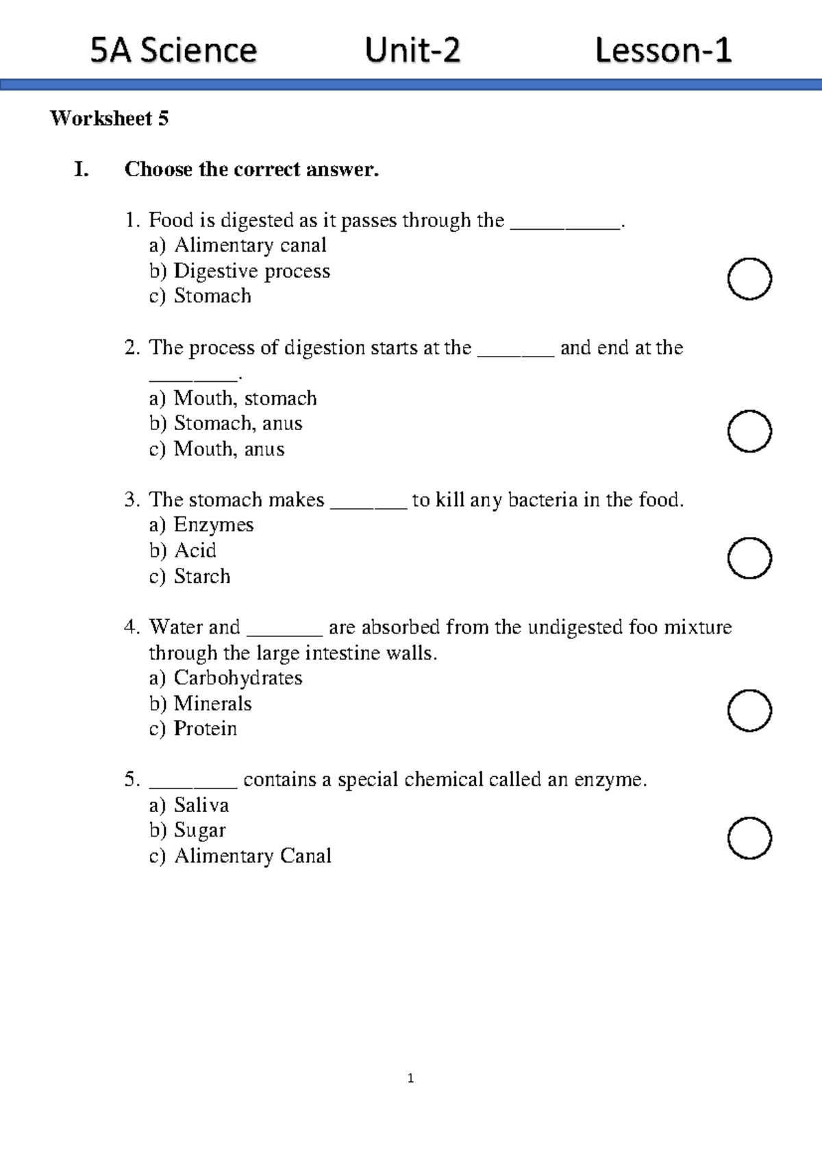 5A Science Digestive System MCQ Worksheet - Studocu