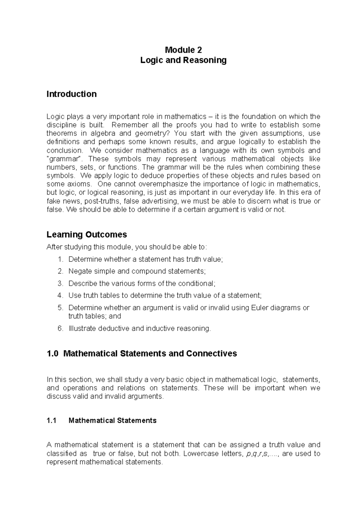 Module 2: Logic and Reasoning Notes on Mathematical Statements - Studocu