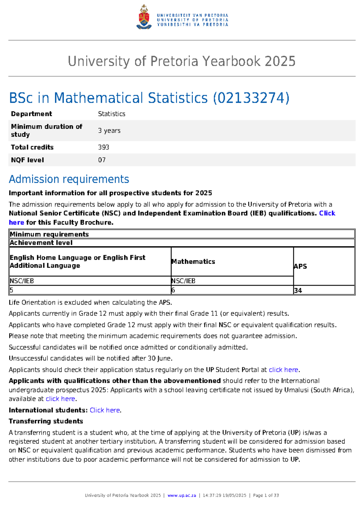 University of Pretoria Yearbook 2025: BSc in Mathematical Statistics ...