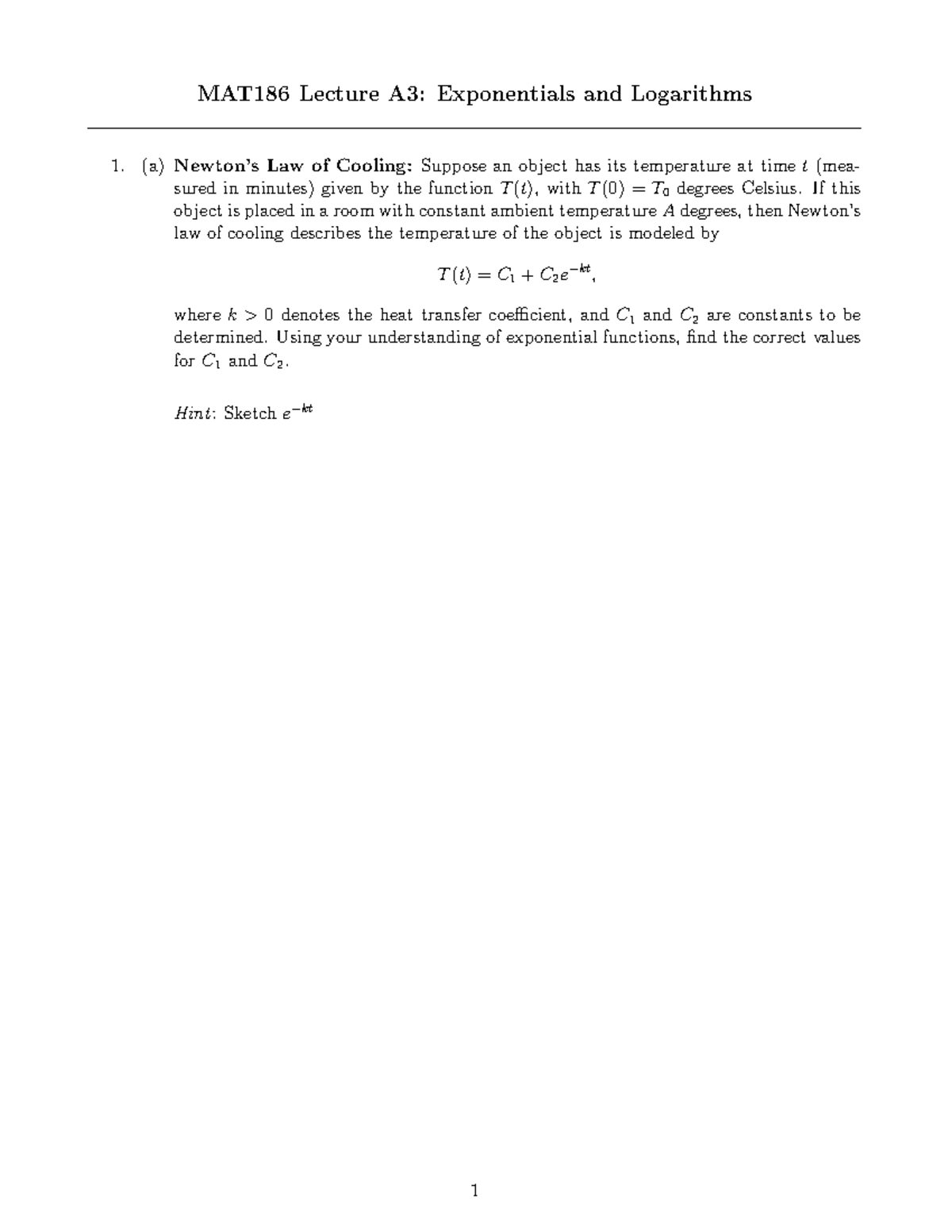 MAT186 Lecture A3: Exponential Functions & Cooling Law Analysis - Studocu