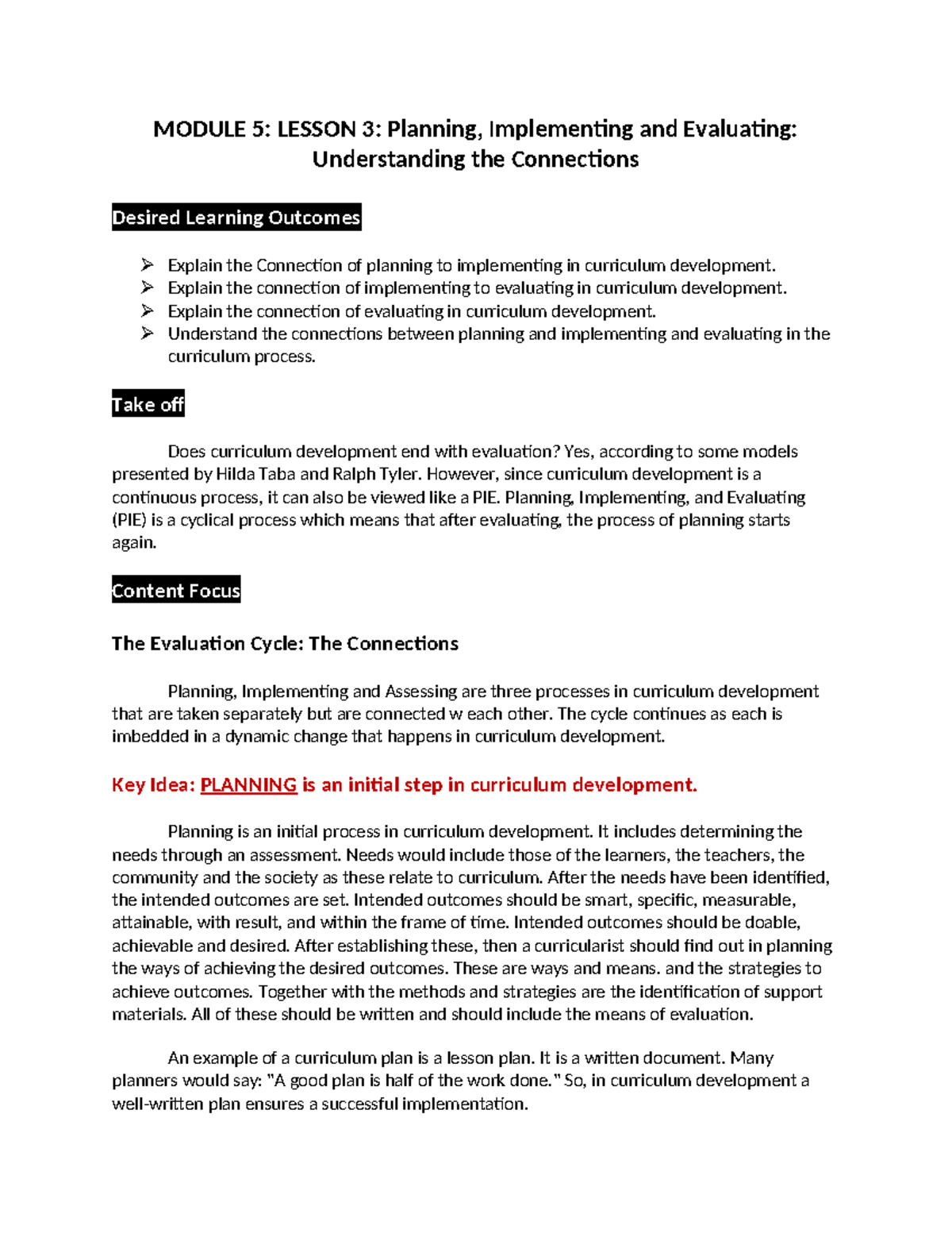 Omadle, Harlen Kling Module 5 Lesson 3 - MODULE 5: LESSON 3: Planning, Implementing and ...