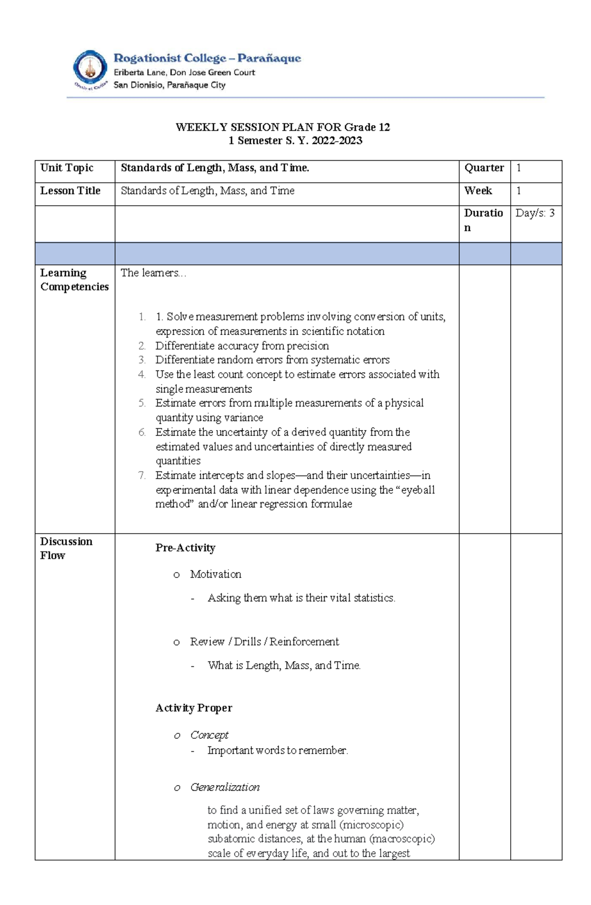 Weekly Session Plan for General Physics 1 (Grade 12, 1st Sem) - Studocu