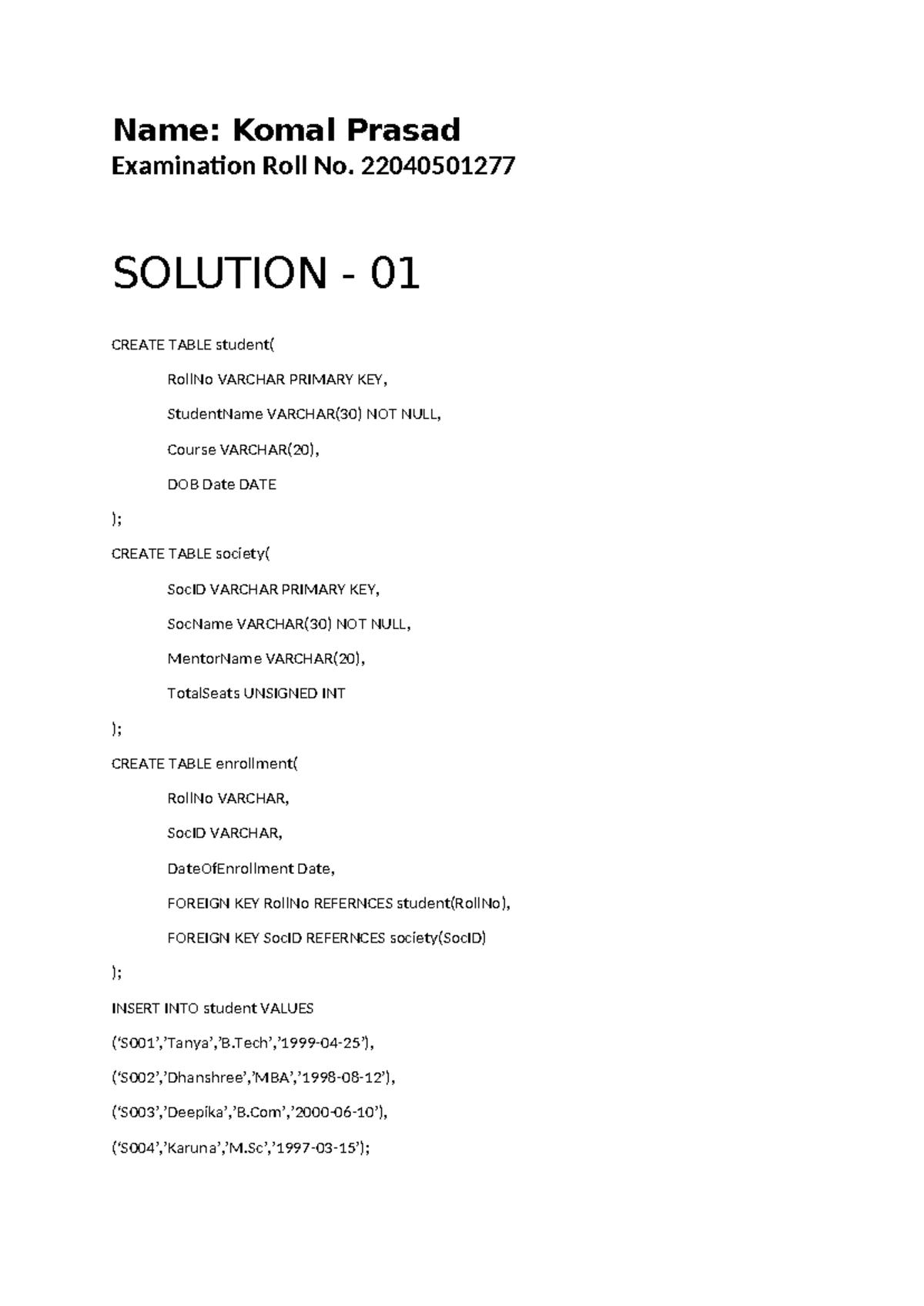 Database Management Systems Practical Solutions (DBMS 22040501277) - Studocu